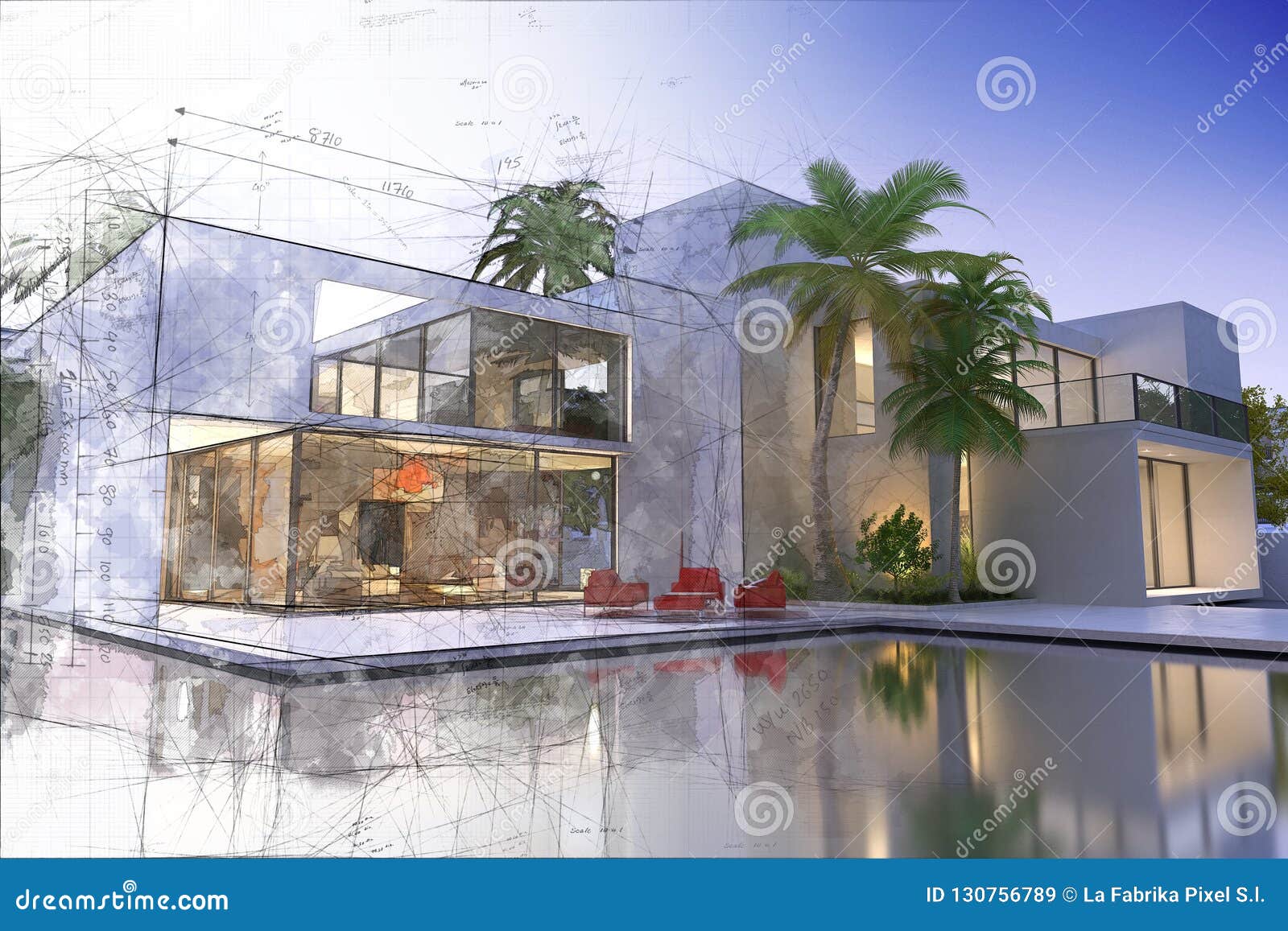 Draft and Final Rendering of Luxurious Villa Stock Illustration ...