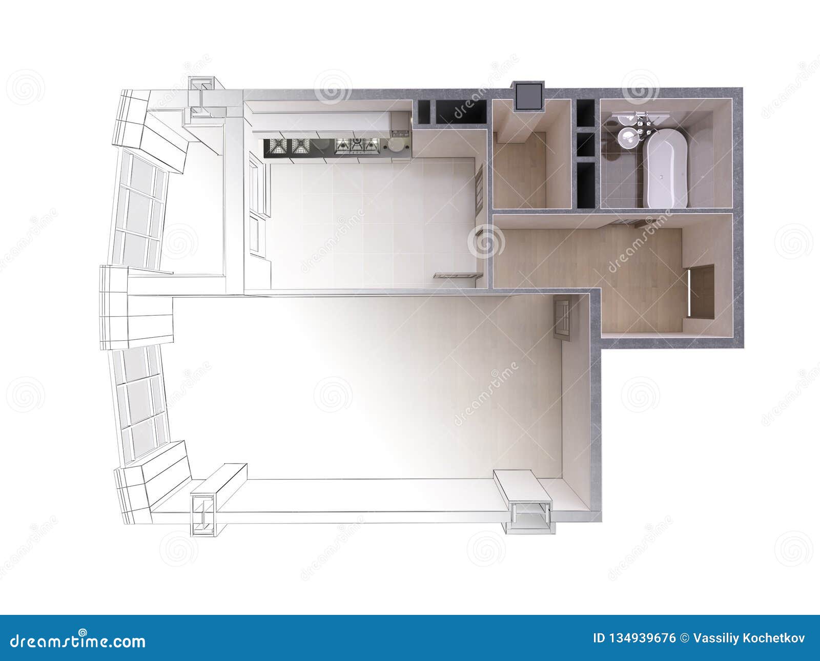 Draft Sketch of a Modern Apartment Contrasting with a Realistic 3d ...