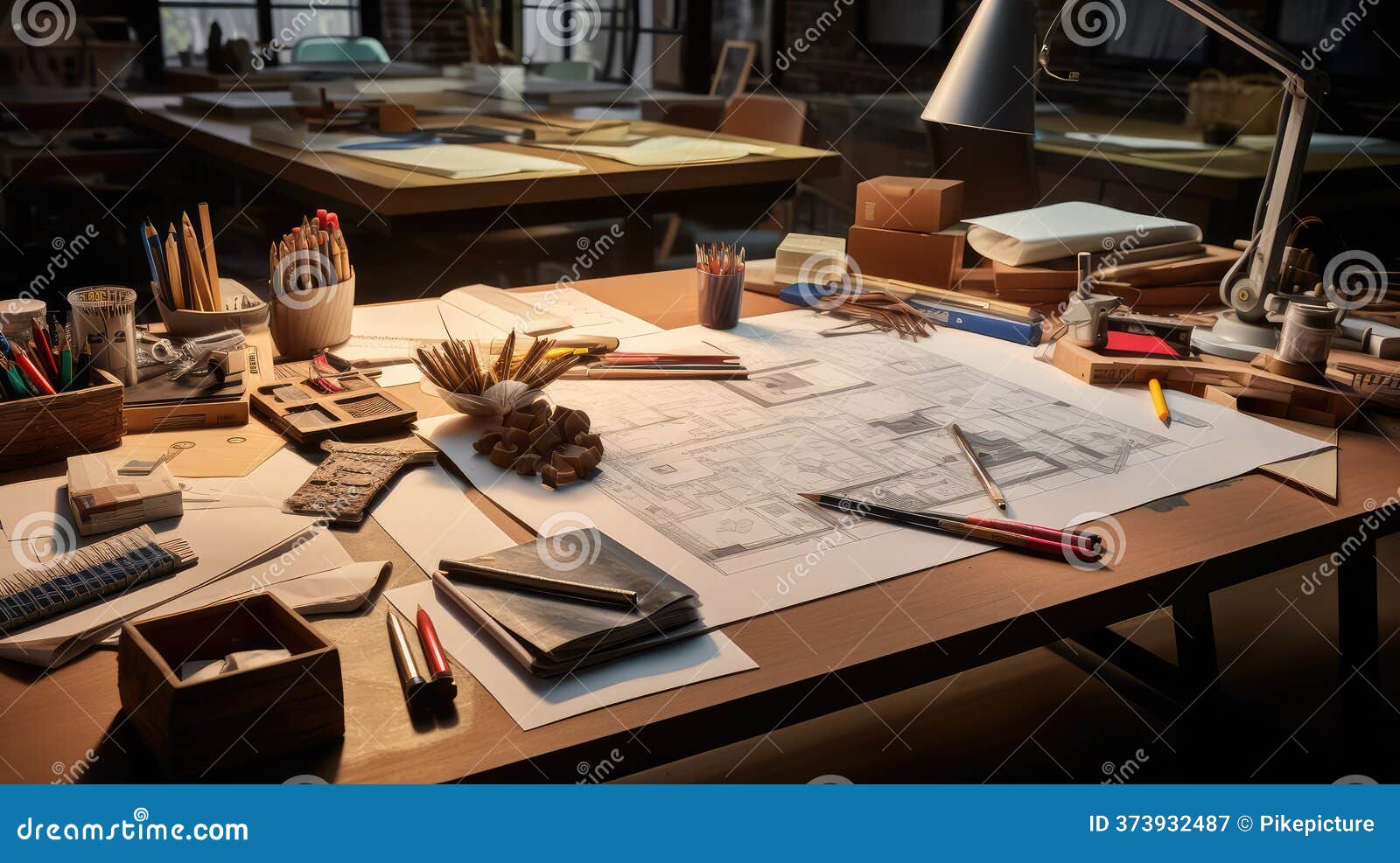 Architects Desk With Blueprints And Scale Models, Urban Development ...