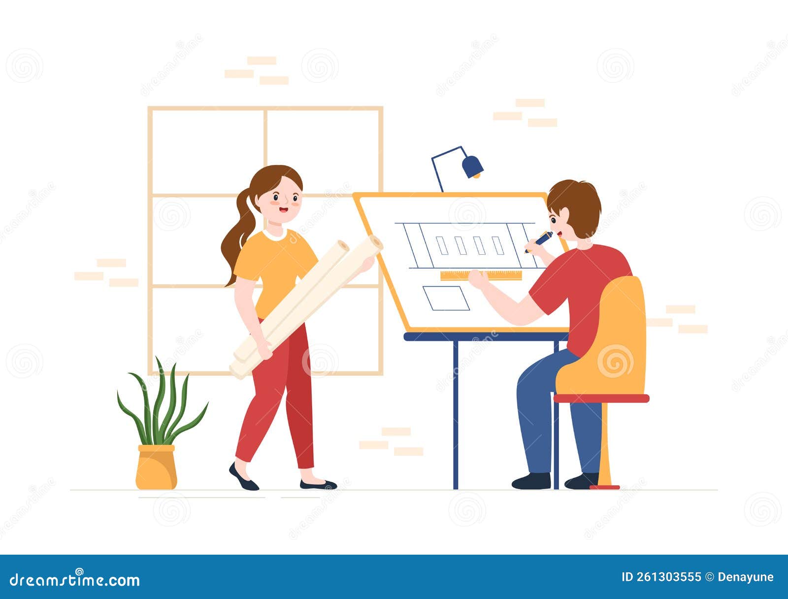 Drafting, Engineer or Architect Working on Drawing Board Projecting and ...