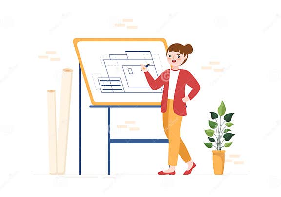 Drafting, Engineer or Architect Working on Drawing Board Projecting and ...