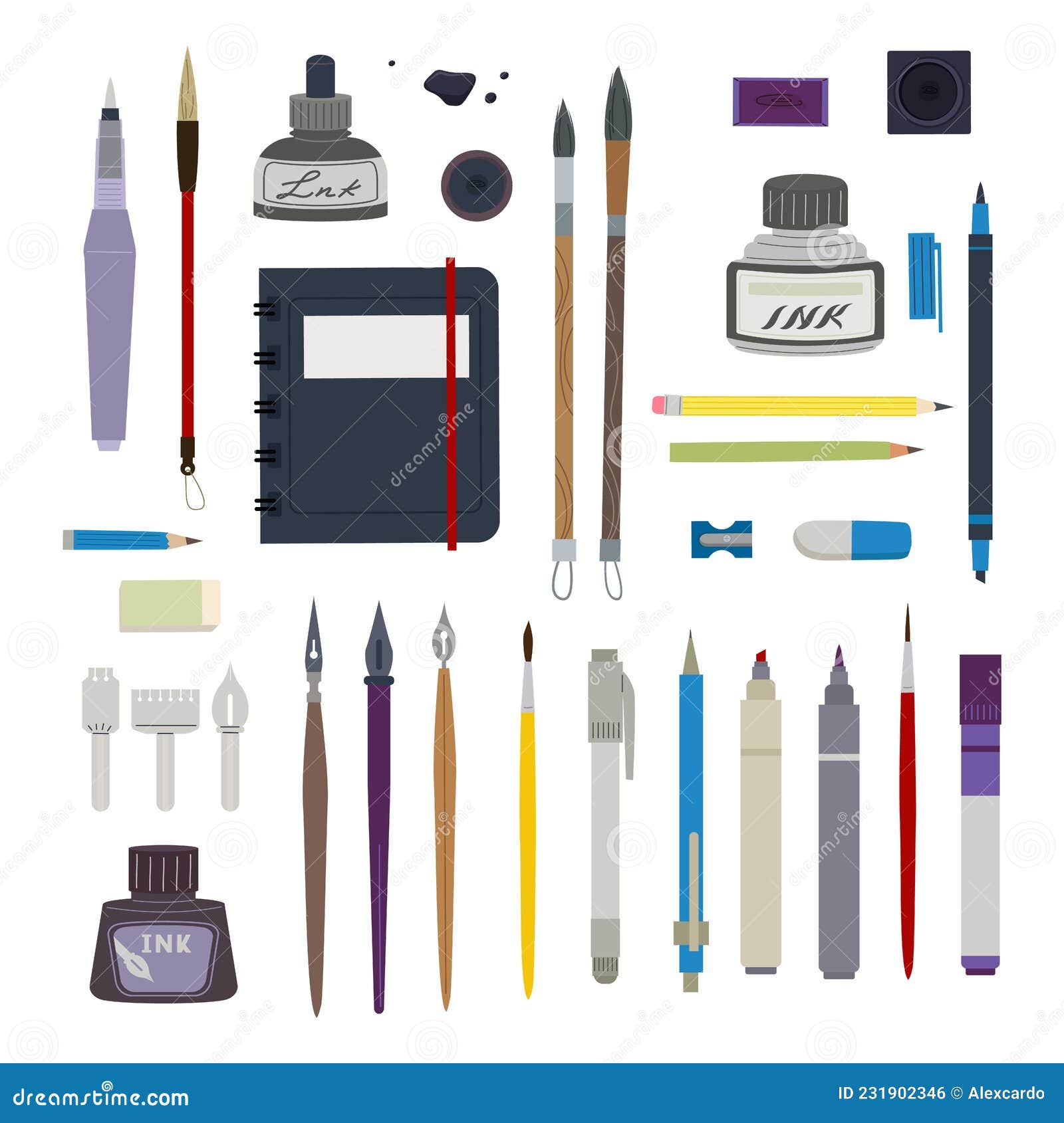 Drafting and Painting Tools Set. Ink Pens and Sharpened Pencils with ...