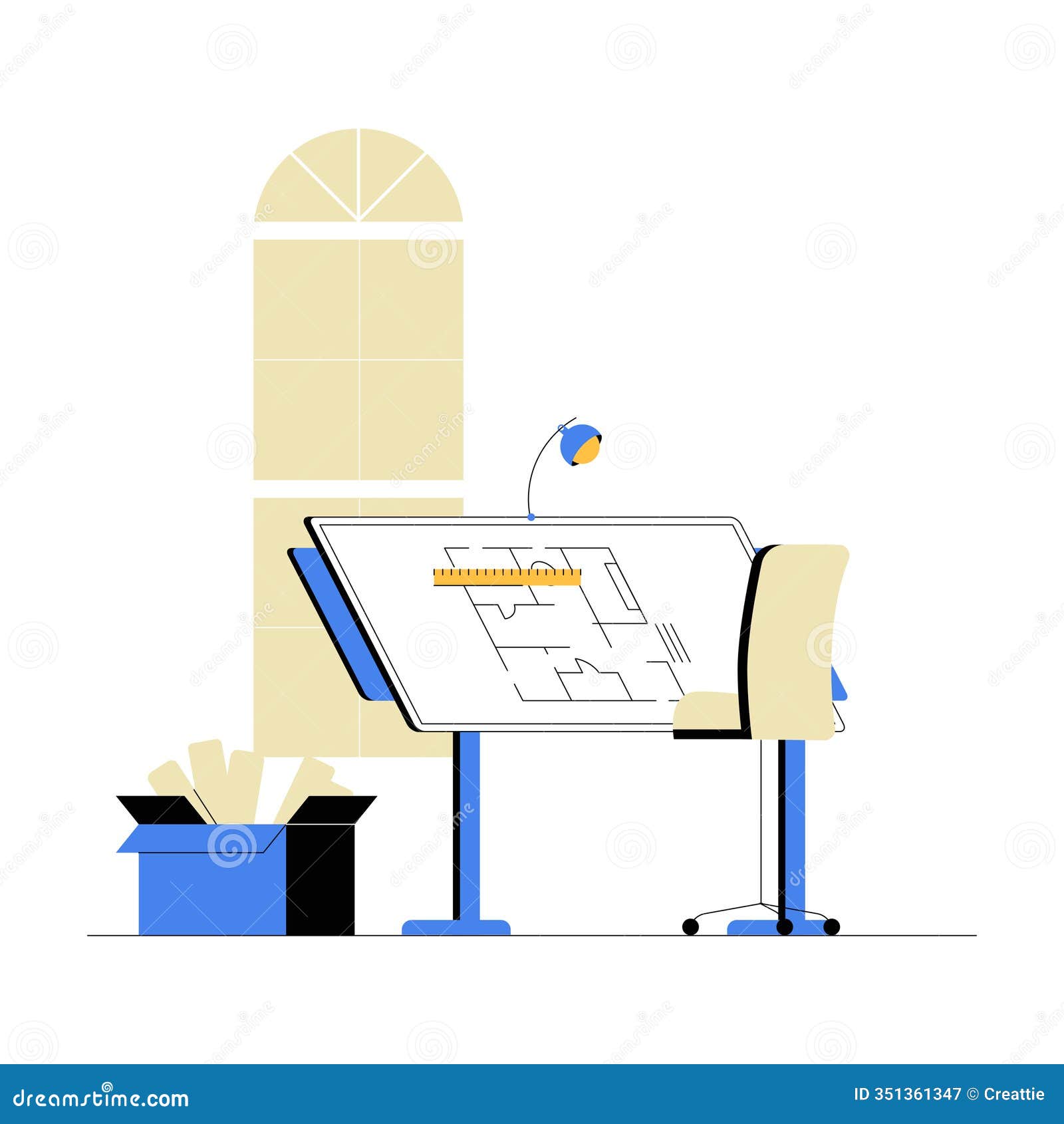Drafting Table with Architectural Blueprint in Flat Vector Illustration ...