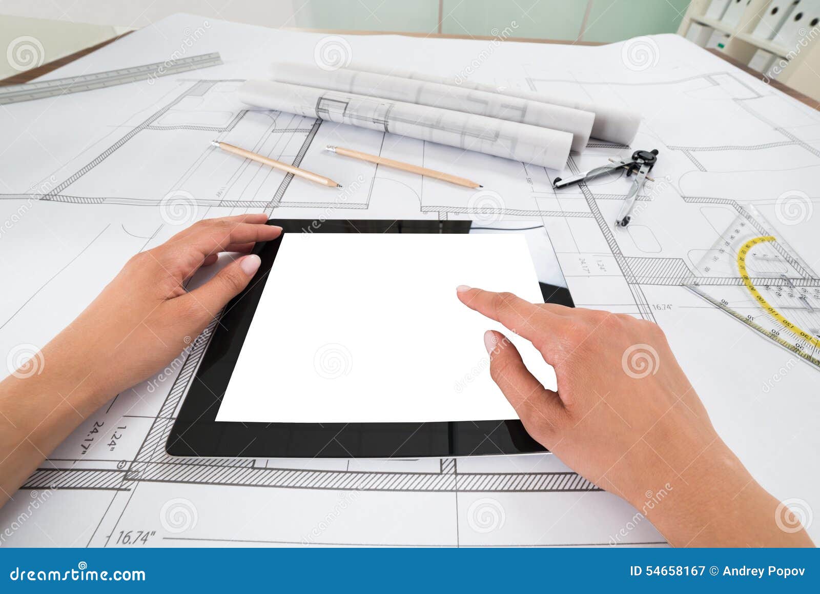 Draftsman with Digital Tablet and Blueprint Stock Image - Image of ...