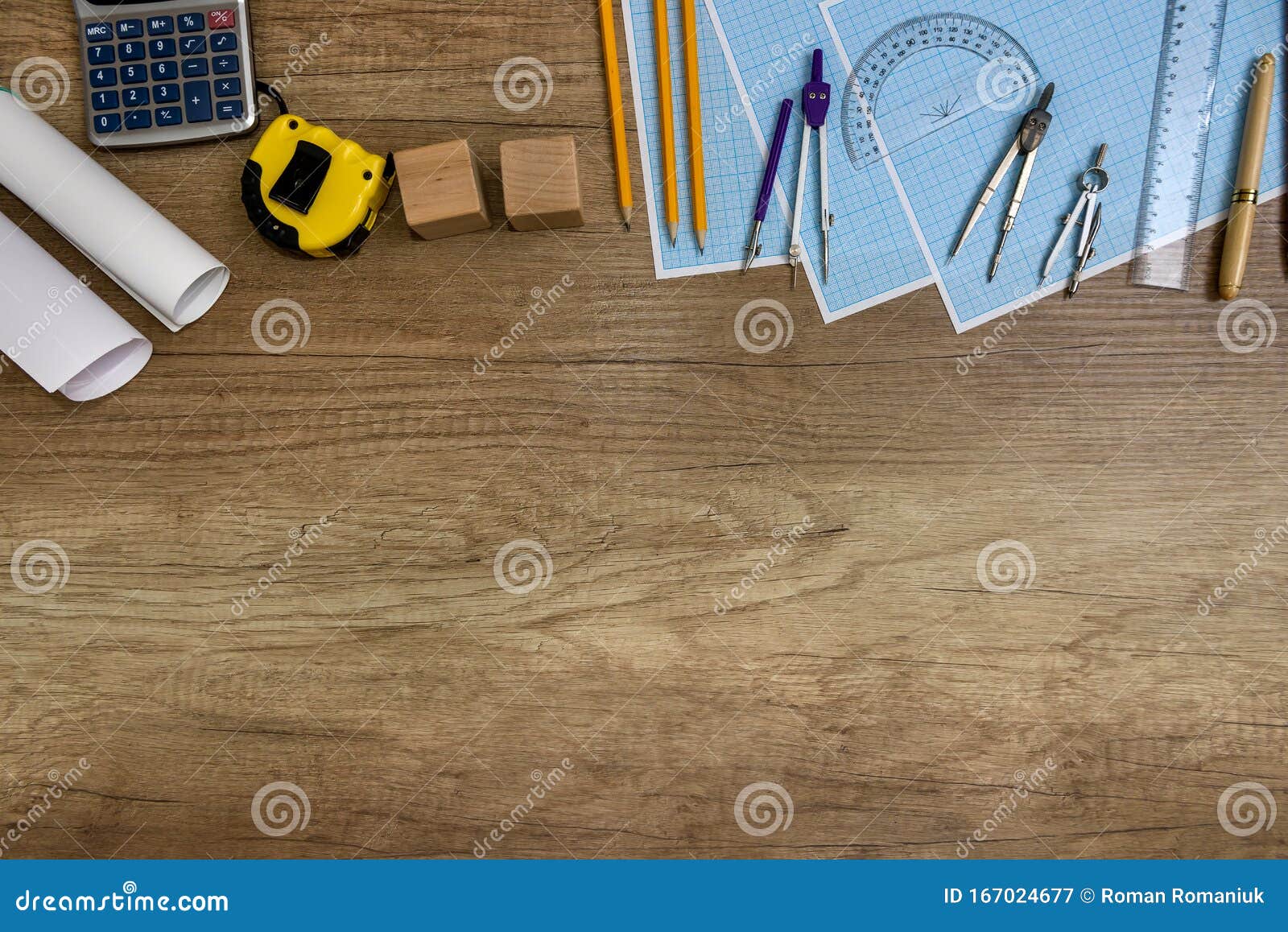 Draftsmanship Tools with Paper for Drafting on Wooden Table Stock Image ...
