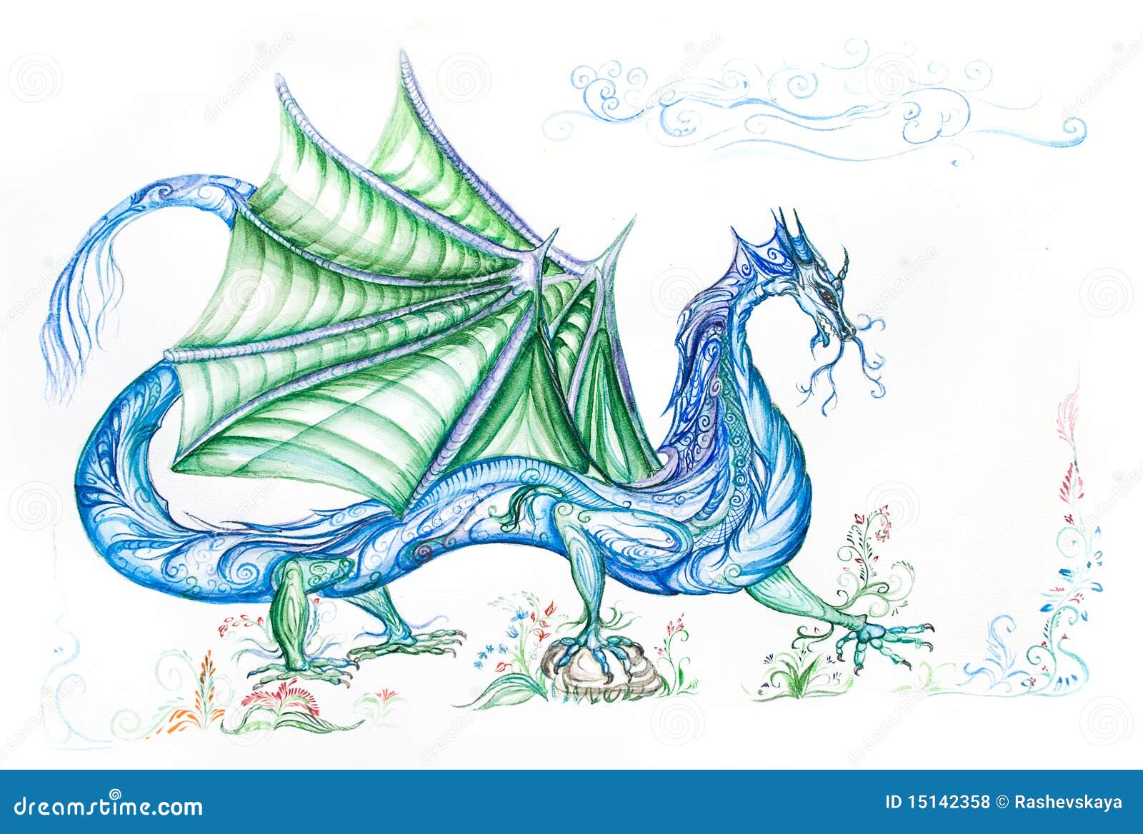 Drago blu con le ali verdi illustrazione di stock. Illustrazione di ...