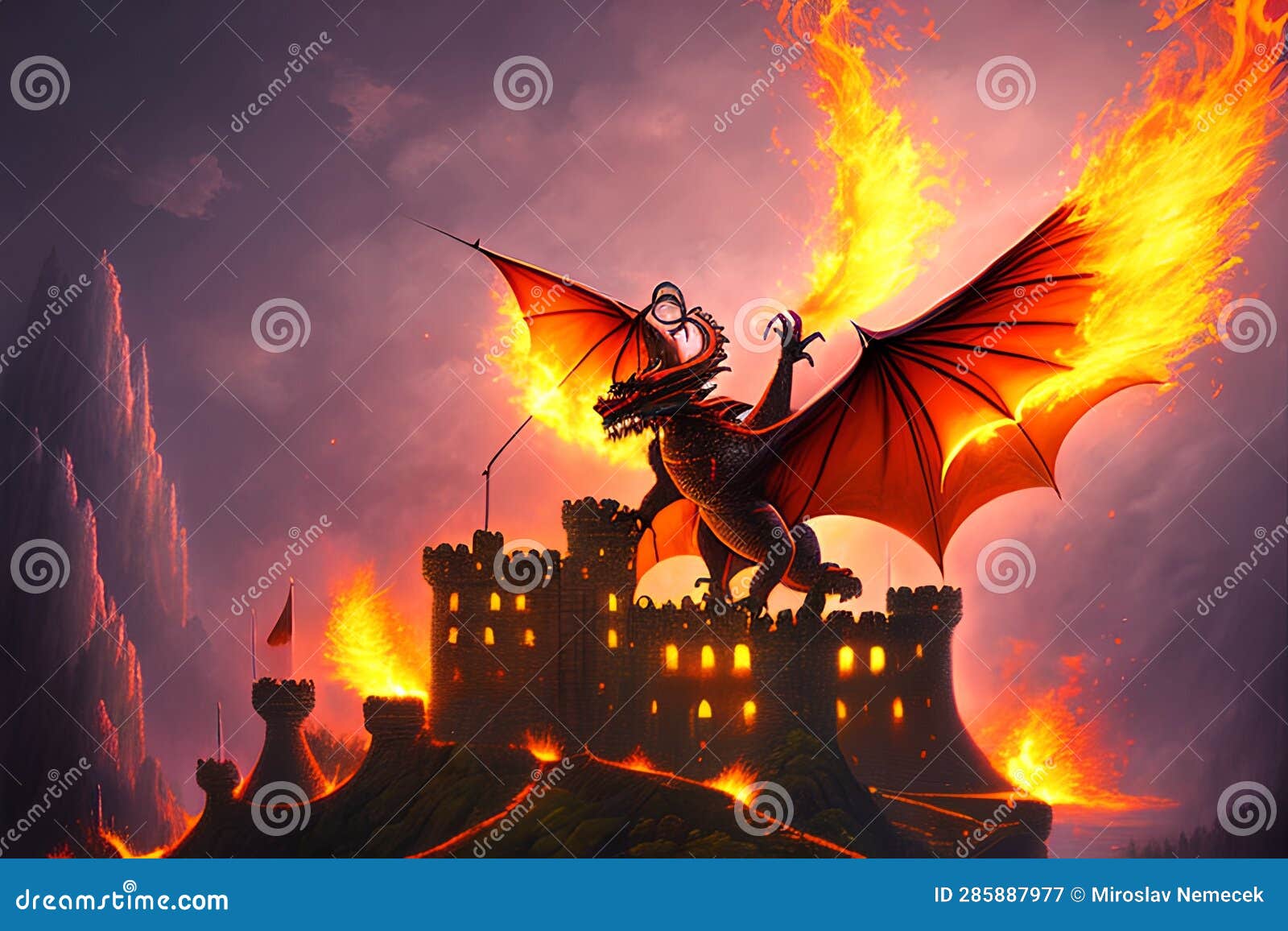 Red Dragon Attacking Villages Illustration Royalty-Free Stock Photo ...