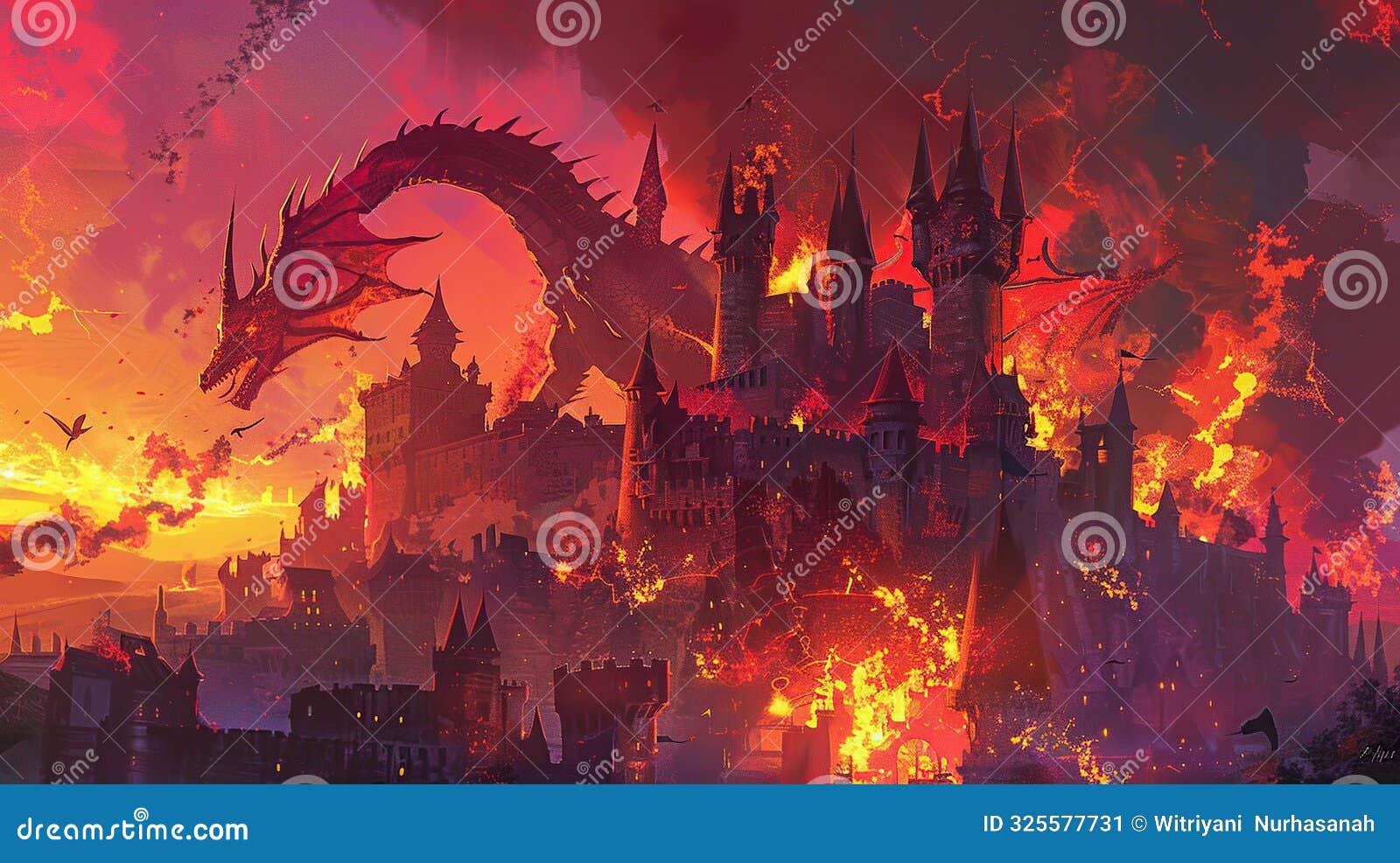 Dragon Attacking Castle stock illustration. Illustration of inferno ...