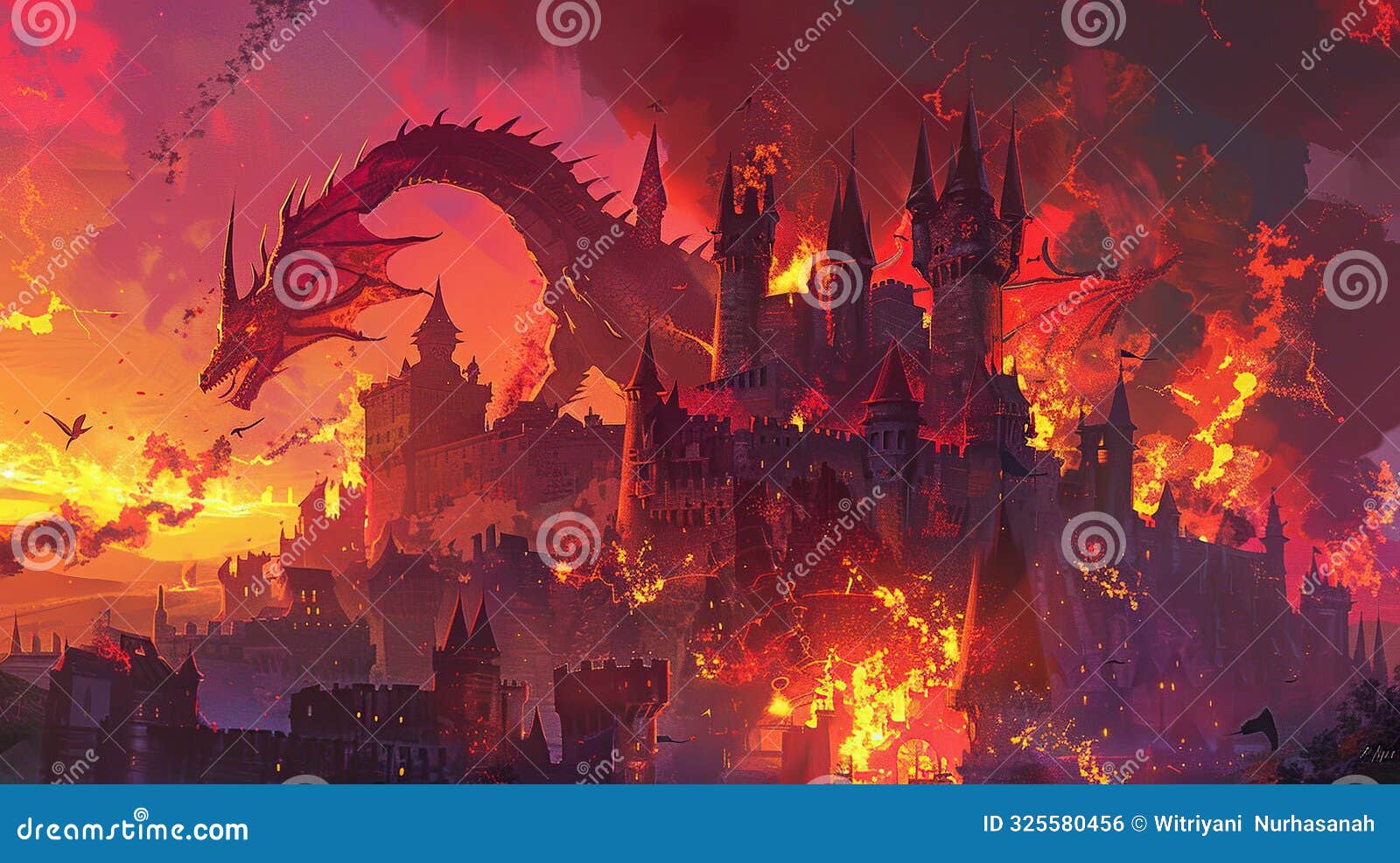 Dragon Attacking Castle stock illustration. Illustration of burning ...