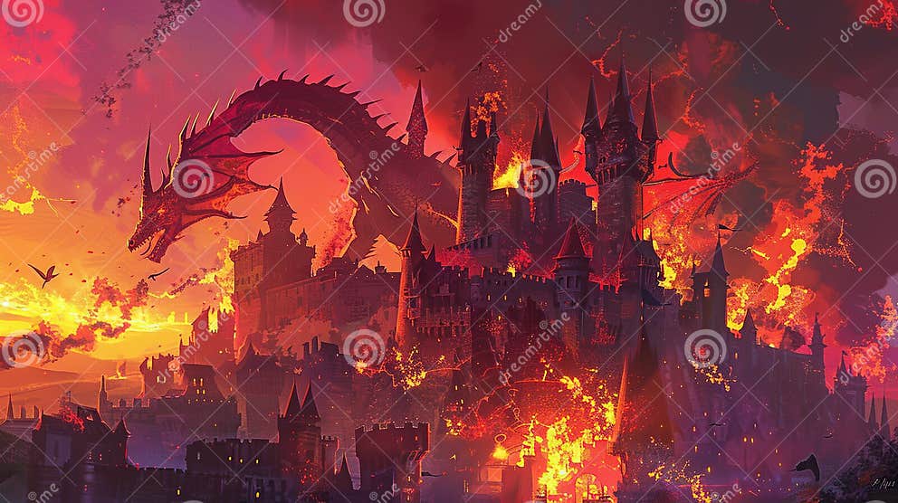 Dragon Attacking Castle stock illustration. Illustration of burning ...