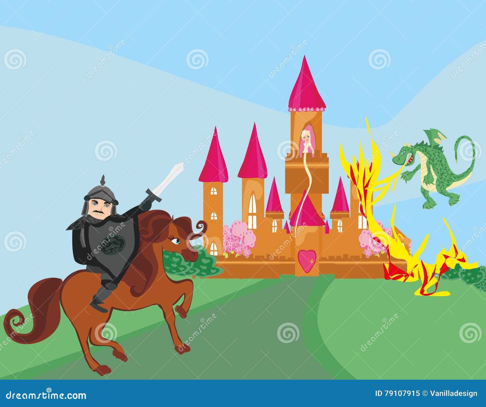 Dragon attacks the castle stock vector. Illustration of castle - 79107915