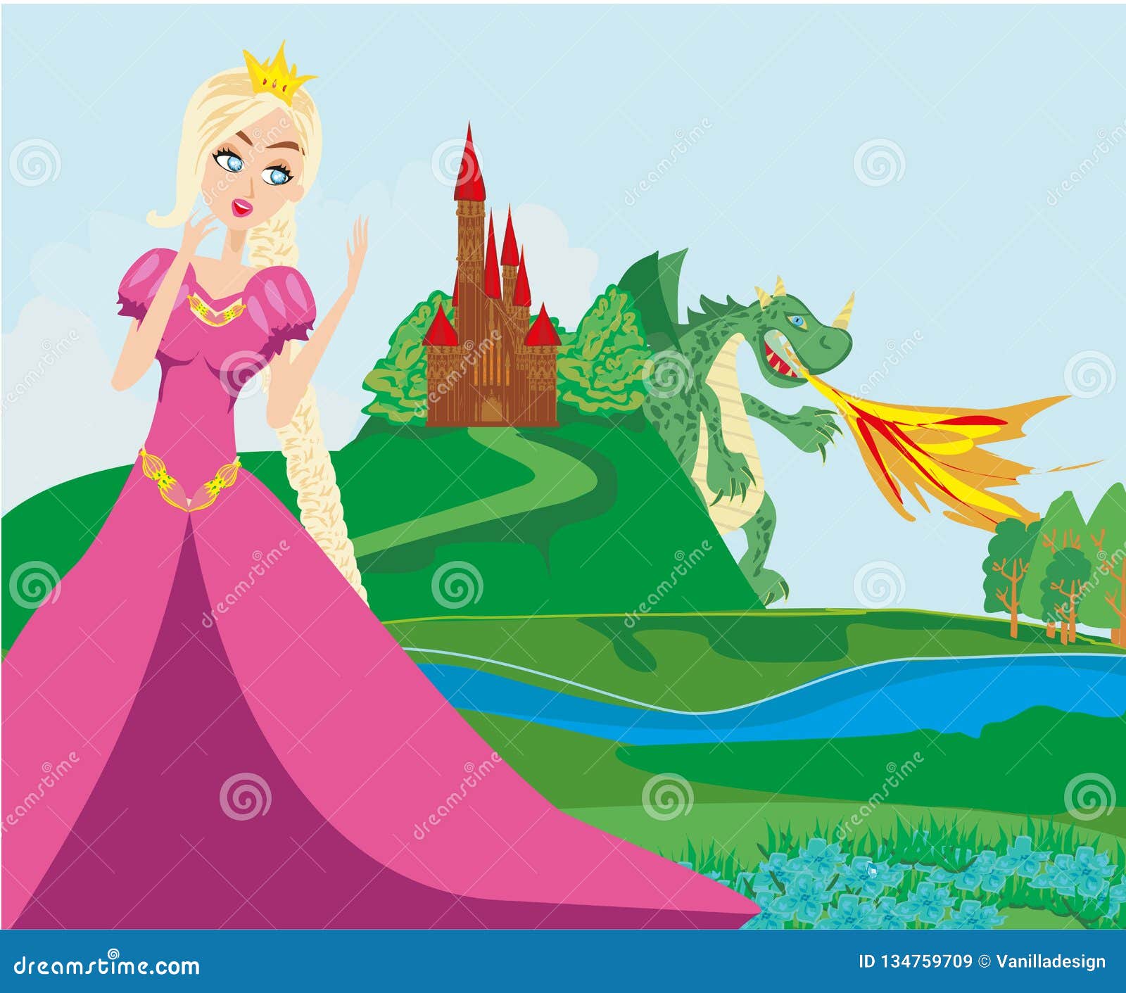 Dragon attacks the kingdom stock vector. Illustration of fairy - 134759709