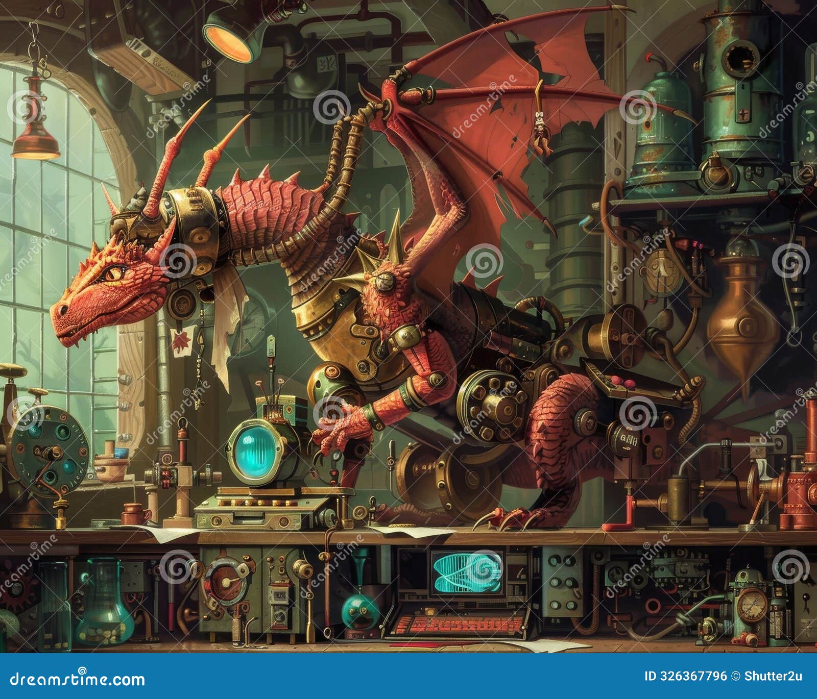 A Dragon Automaton Guarding a Gnome Technicians Workshop Enchanted Gears and Steam Stock ...