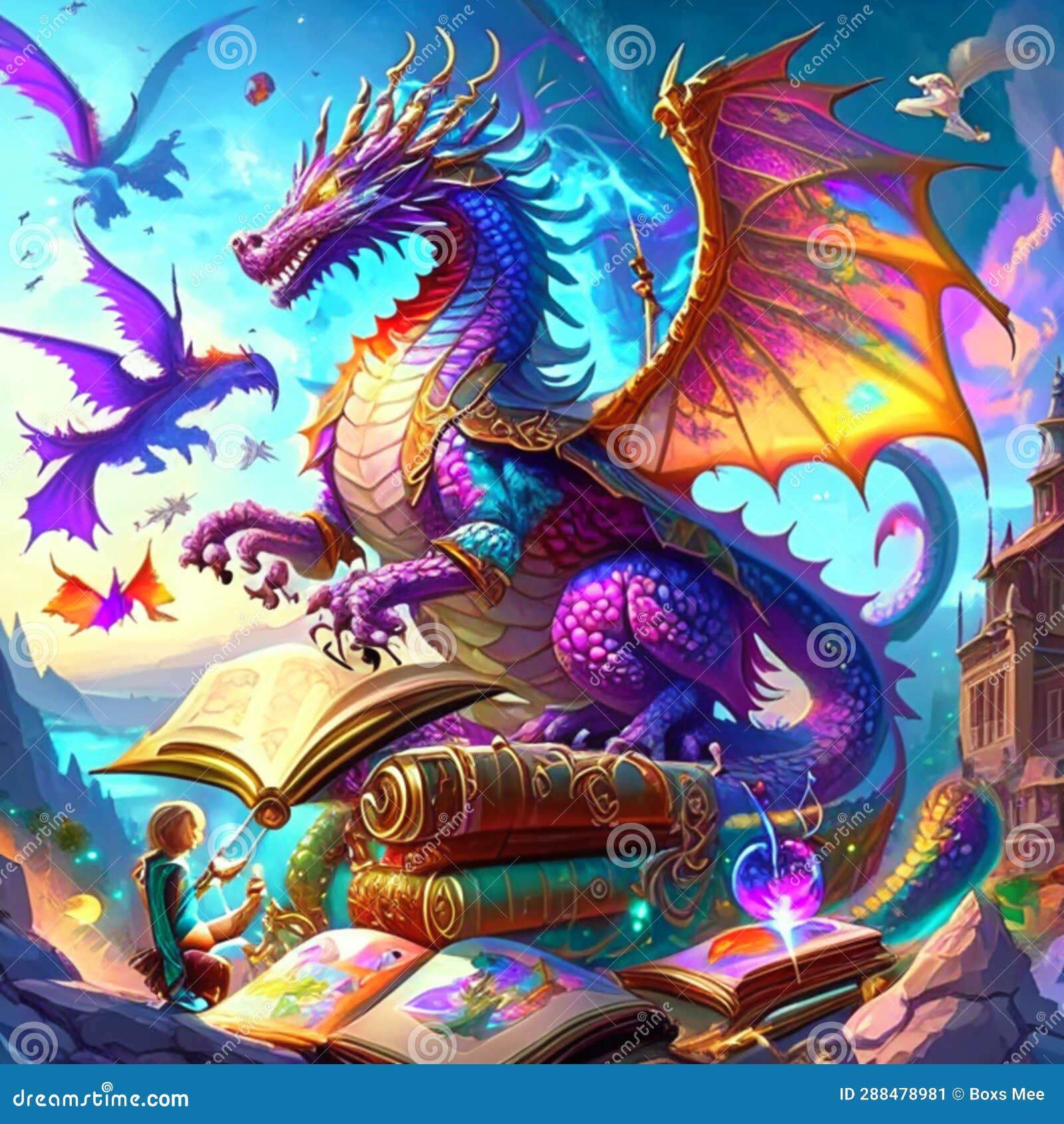 Dragon and Book on a Background of Blue Sky. 3d Rendering AI Generated ...