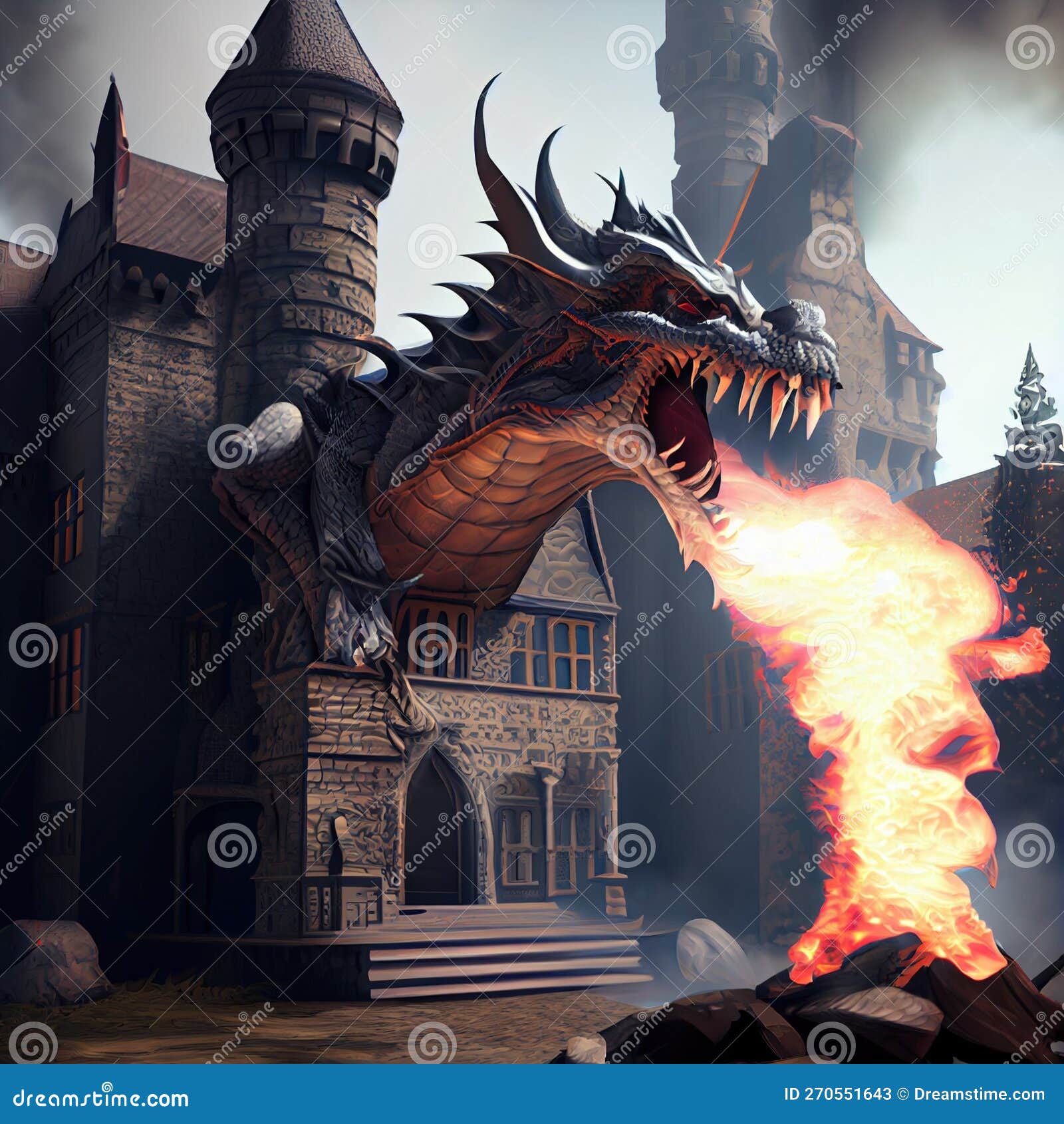 Dragon Breathing Fire on an Intricately Detailed Castle, Created with ...