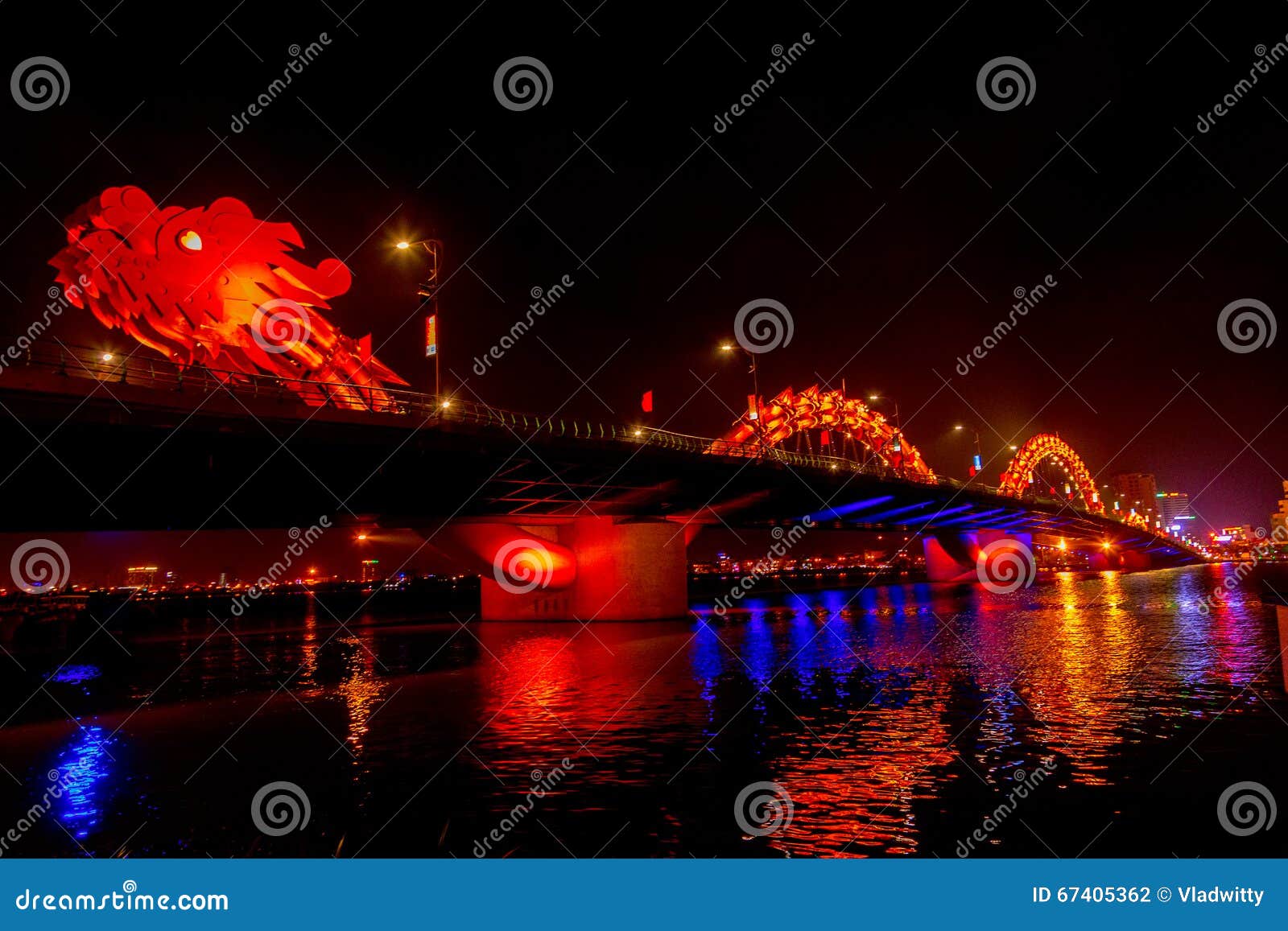 Dragon Bridge at Night Danang Vietnam Stock Photo - Image of cable ...