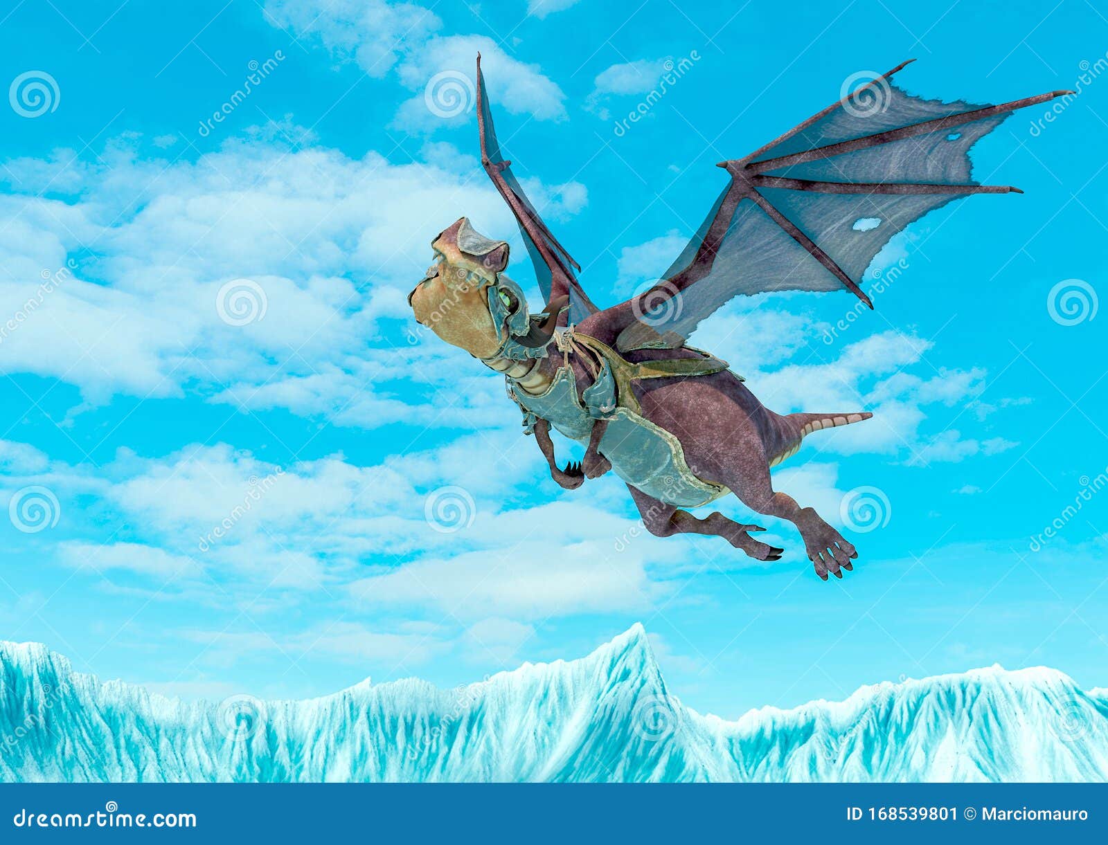 Dragon Cartoon with Armor Flying on Ice with Space Copy Stock ...