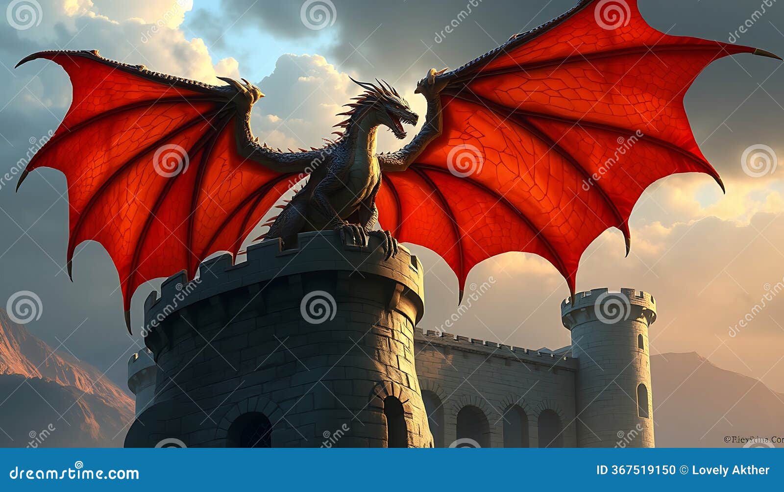 Dragon On Castle Tower Fantasy Creature Mythical Beast. Medieval Lore ...