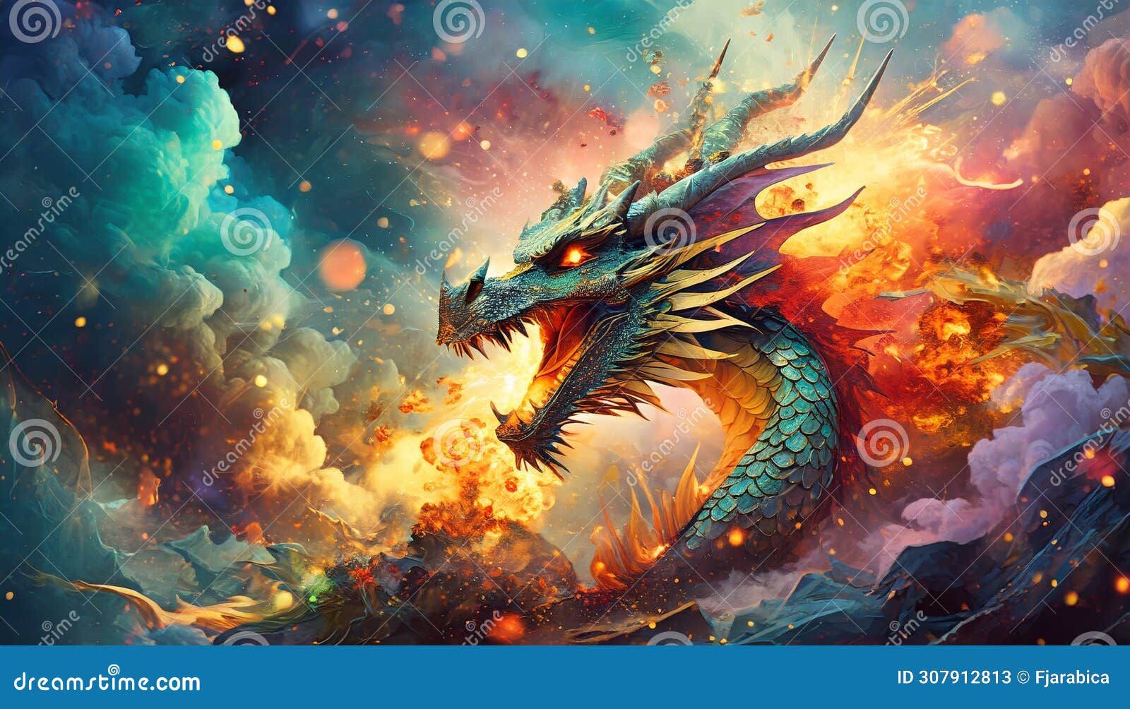 Dragon with Colorful Smoke and Starry Sky Stock Illustration ...