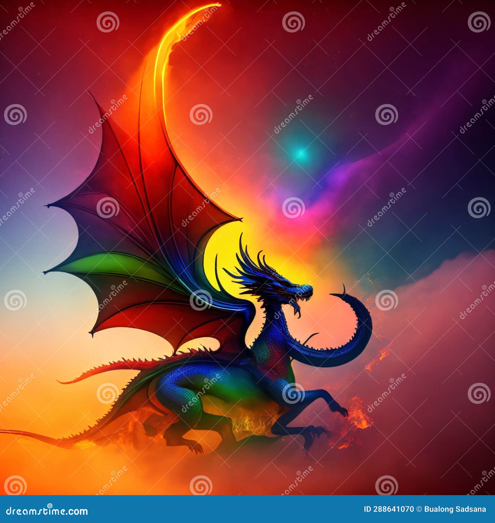 Of Dragon in the Colourful Glow, Mist and Fire. AiI Generated Content ...