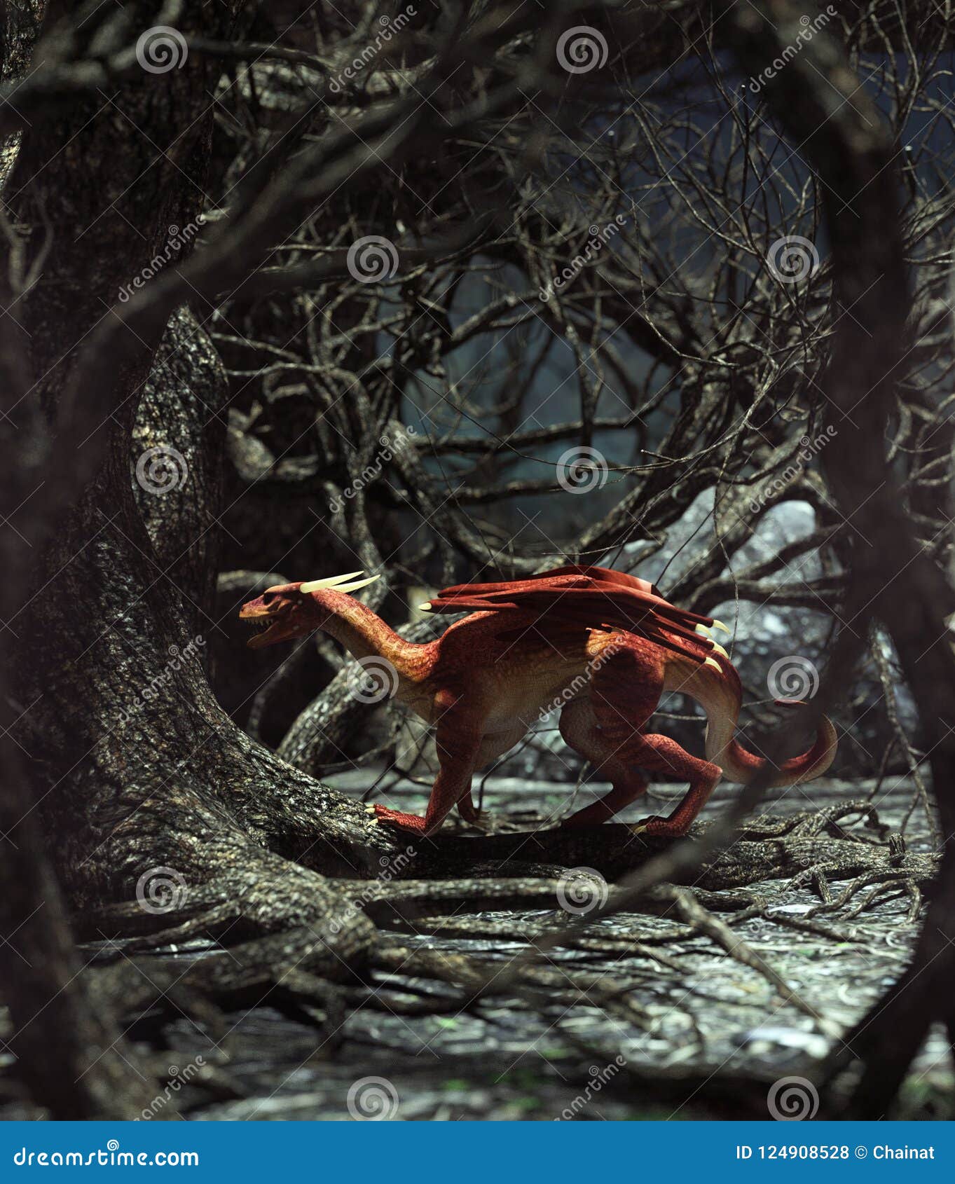 Dragon in creepy forest stock illustration. Illustration of magic ...
