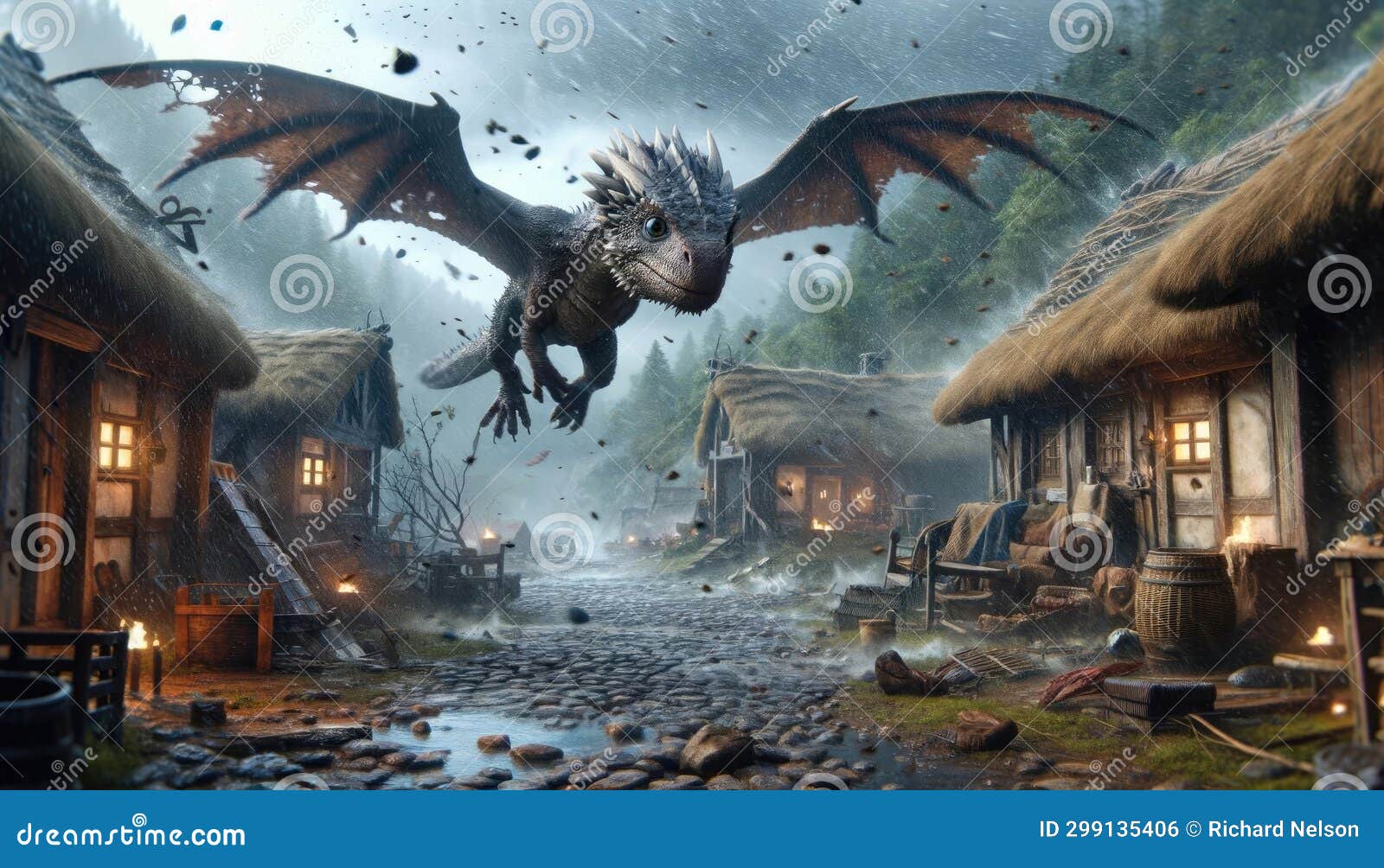 Dragon Attacking Village stock illustration. Illustration of fear ...