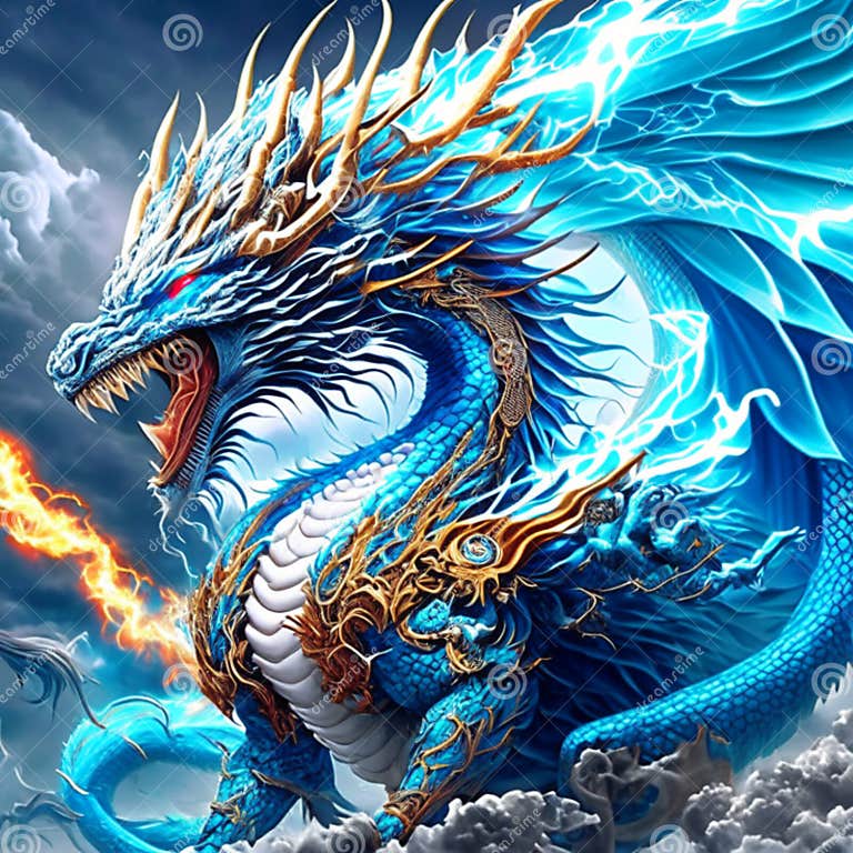 Dragon and Fire on a Background of Blue Sky with Clouds. 3d Rendering ...