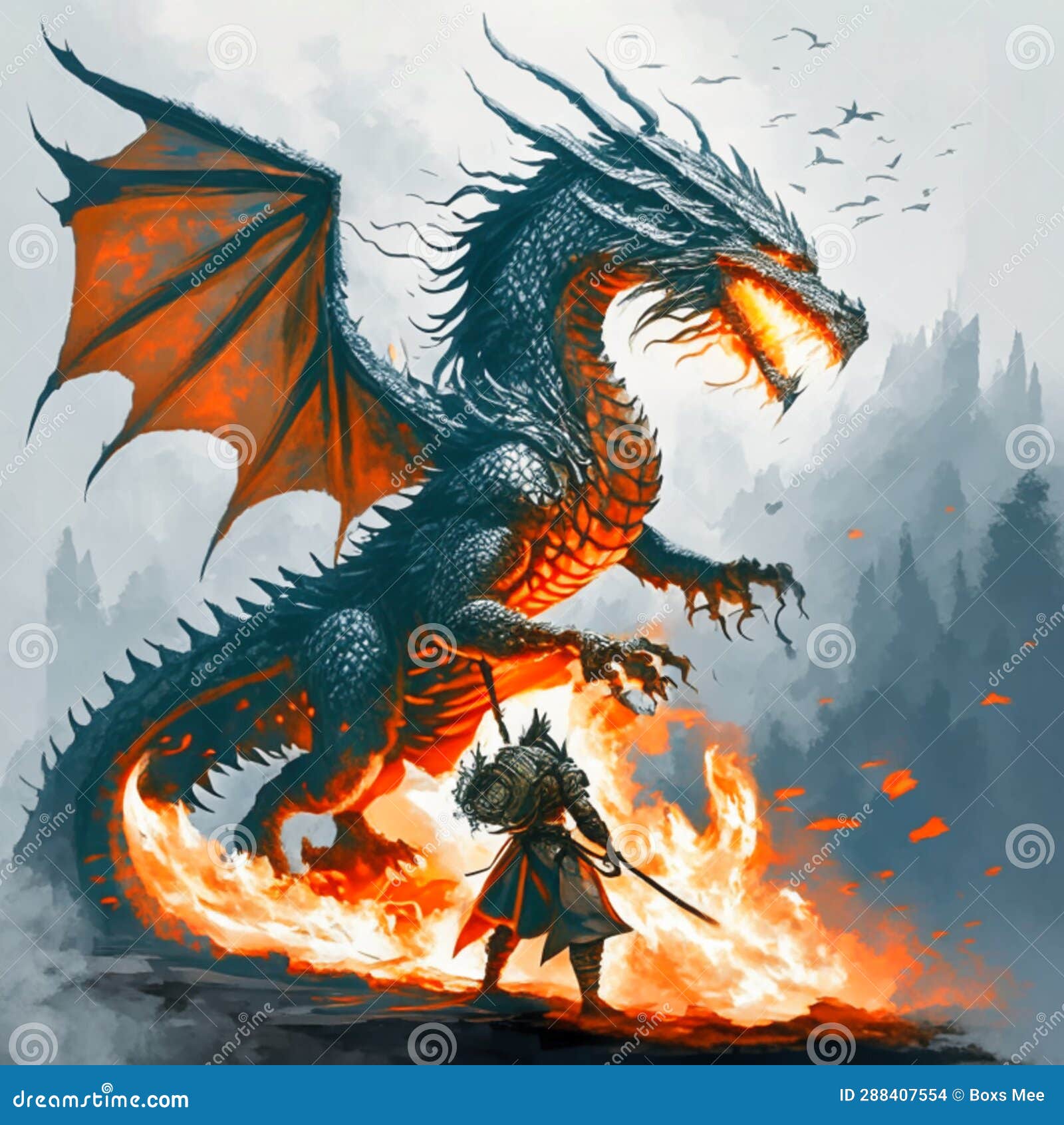 Dragon with a Fire on the Background of the Forest, 3d Illustration AI ...