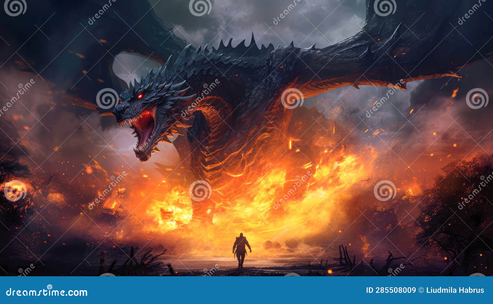 Dragon on fire close up stock illustration. Illustration of ancient ...