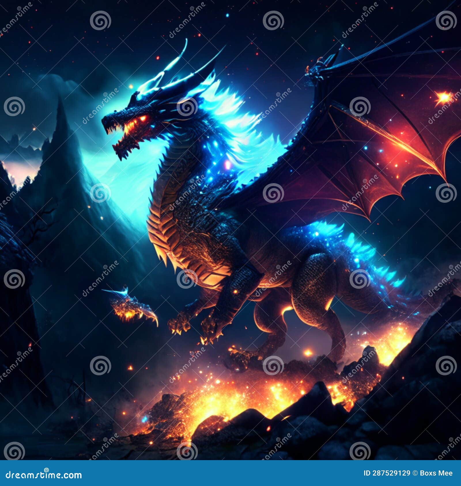 Dragon and Fire in the Dark, 3d Rendering. Computer Digital Drawing ...