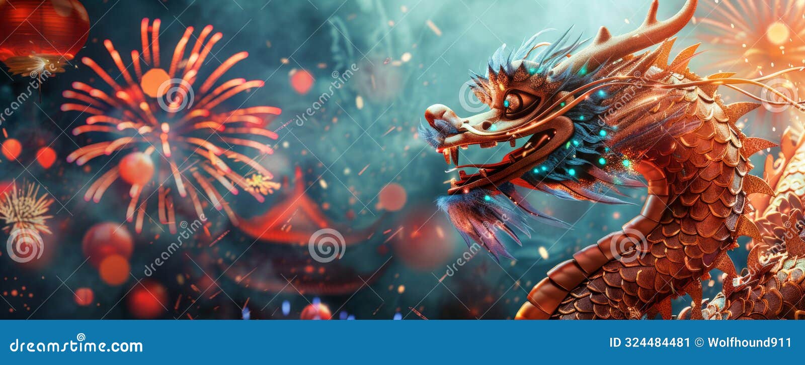 Dragon and Fireworks: a Dynamic Scene of a Dragon Against a Backdrop of ...