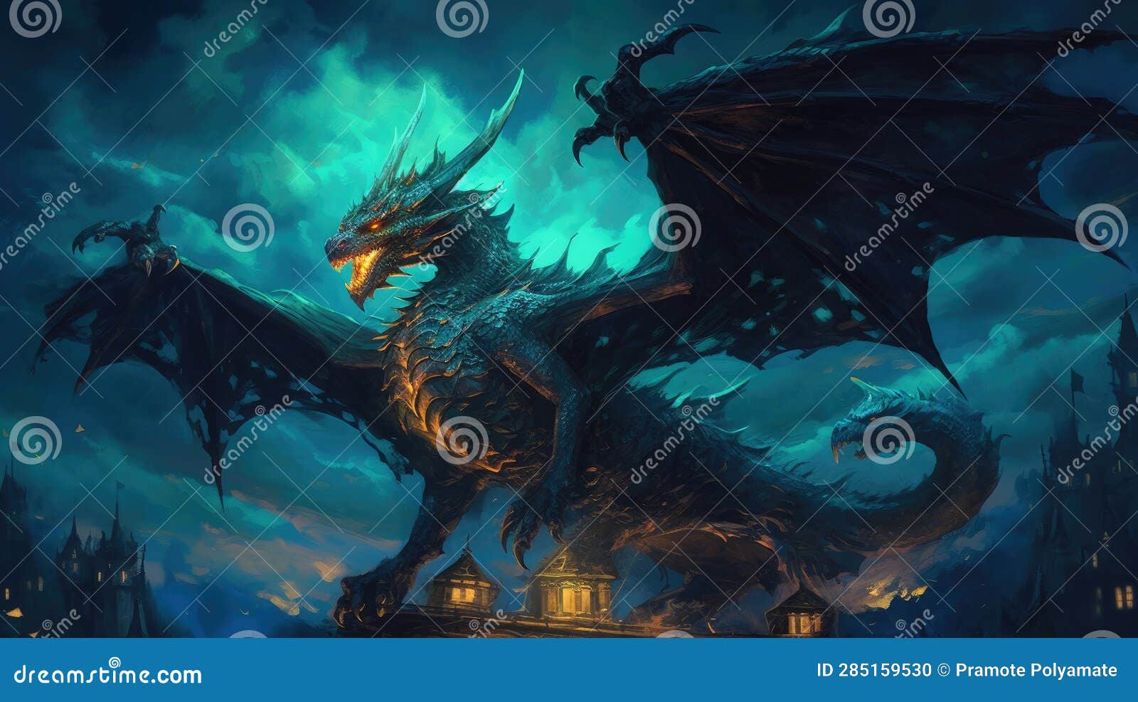 The Dragon Flew in the Sky, Glowing in the Night. Dragon Stock ...