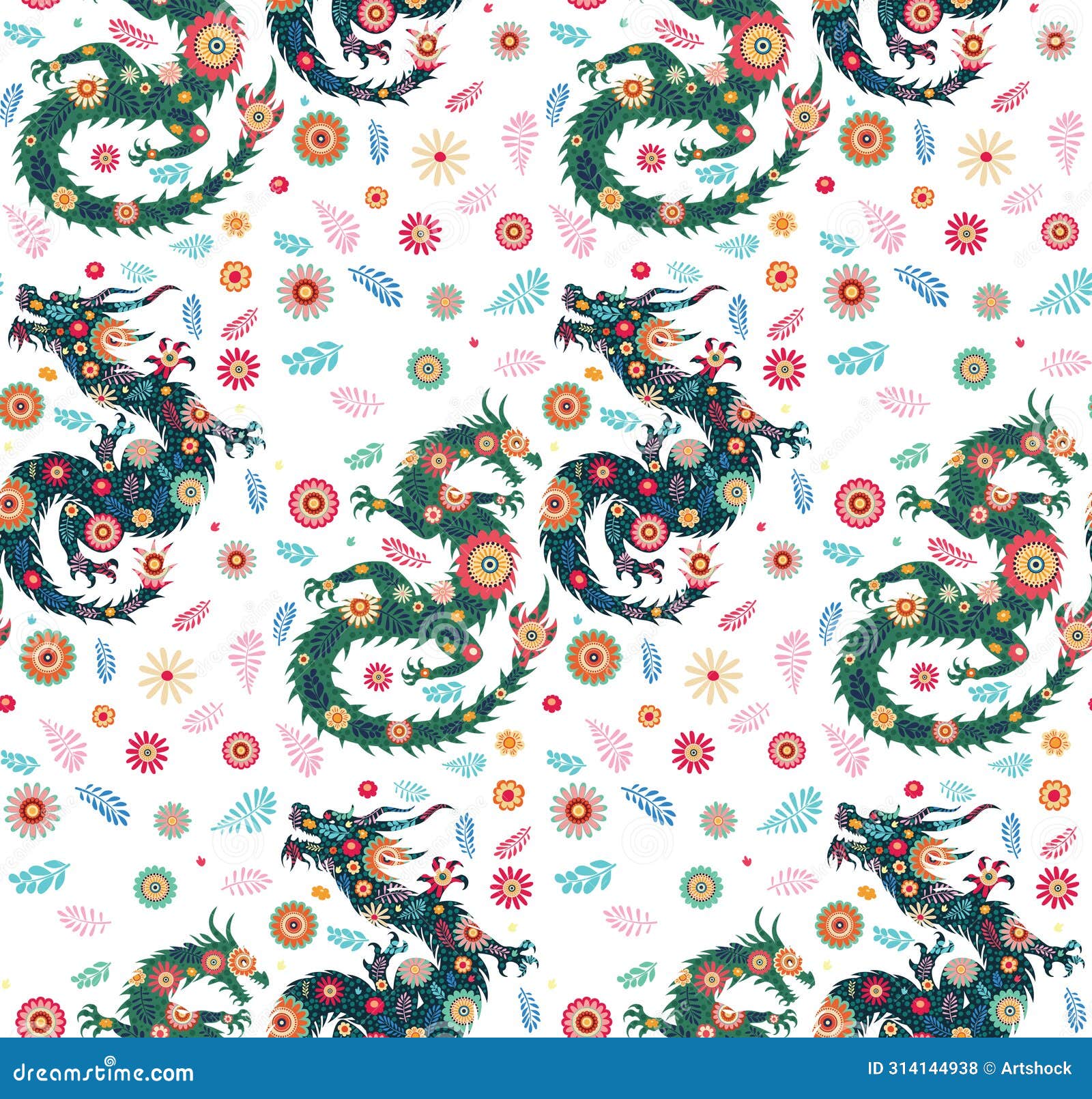 Dragon and flowers pattern stock illustration. Illustration of textile ...