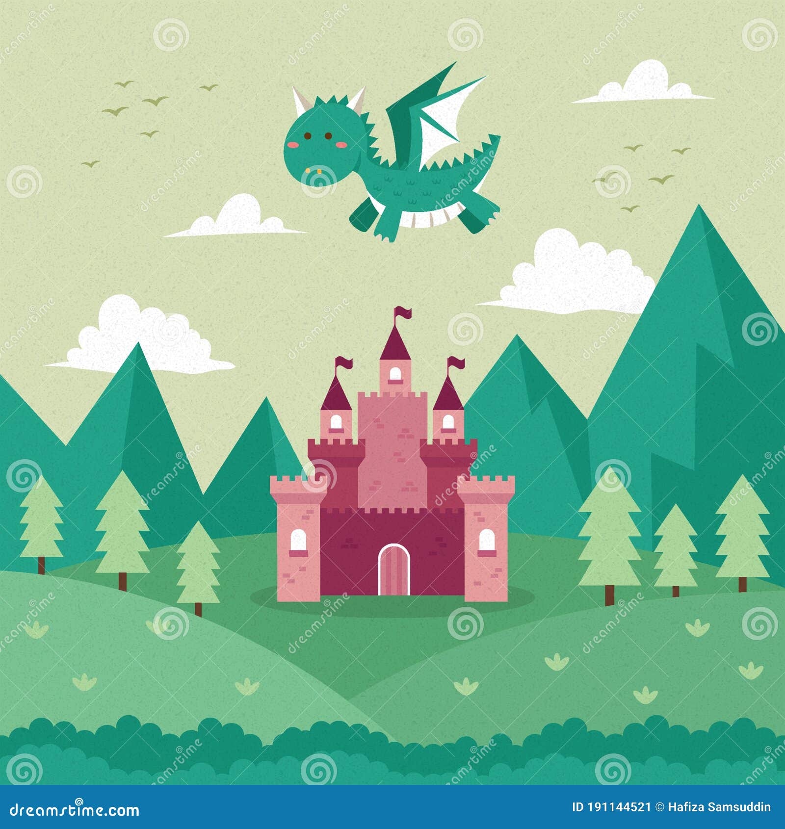 Dragon Flying Over a Castle. Vector Illustration Decorative Design ...