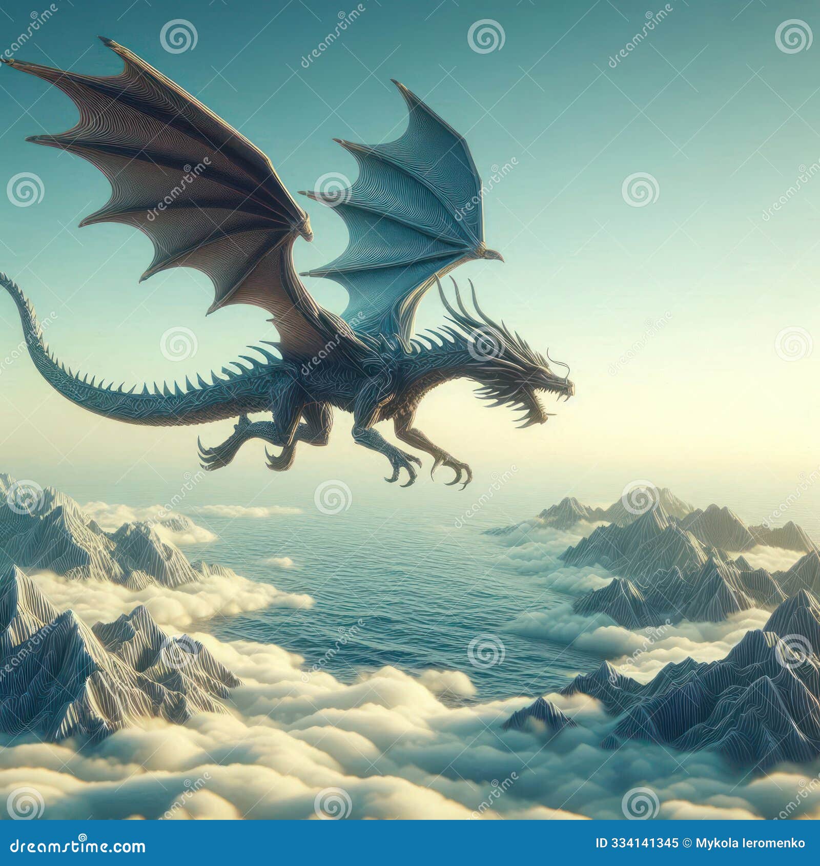 A Dragon Flying Over the Cloudy Peaks of the Mountains. Stock Image ...