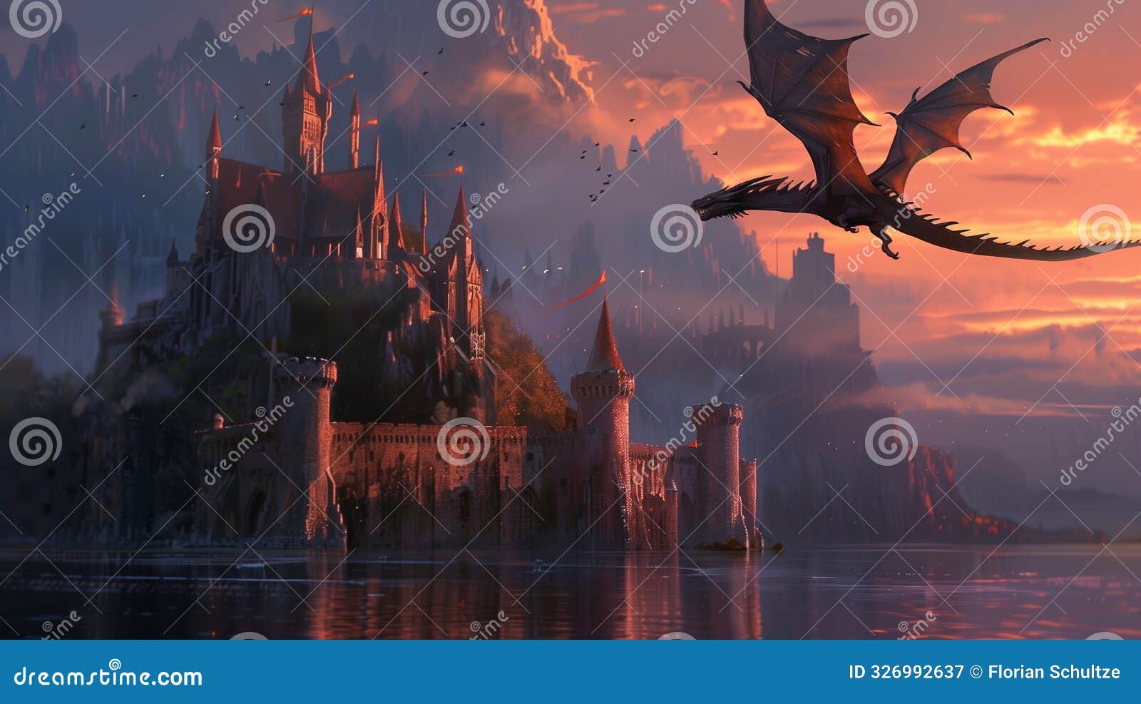 Dragon Flying Over a Medieval Castle at Dusk Stock Illustration ...
