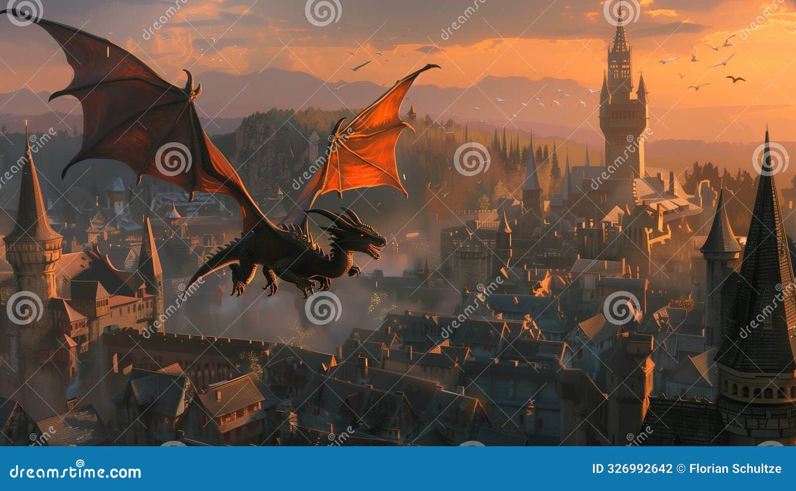Dragon Flying Over a Medieval Castle at Dusk Stock Illustration ...