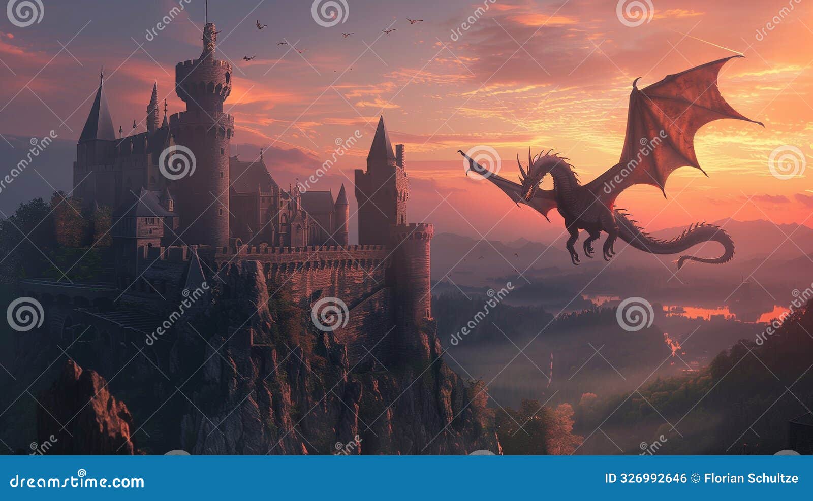 Dragon Flying Over a Medieval Castle at Dusk Stock Illustration ...