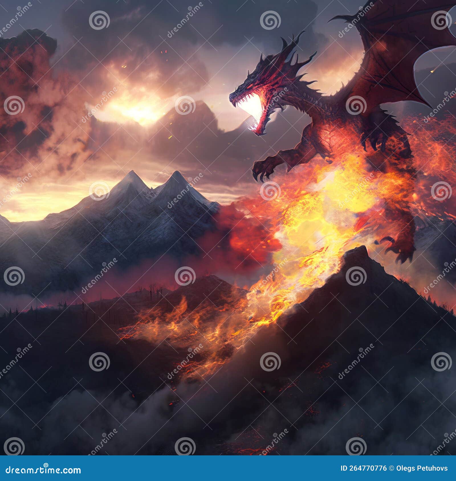 A Dragon Flying Over a Mountain with a Fire in the Air and a Sky ...