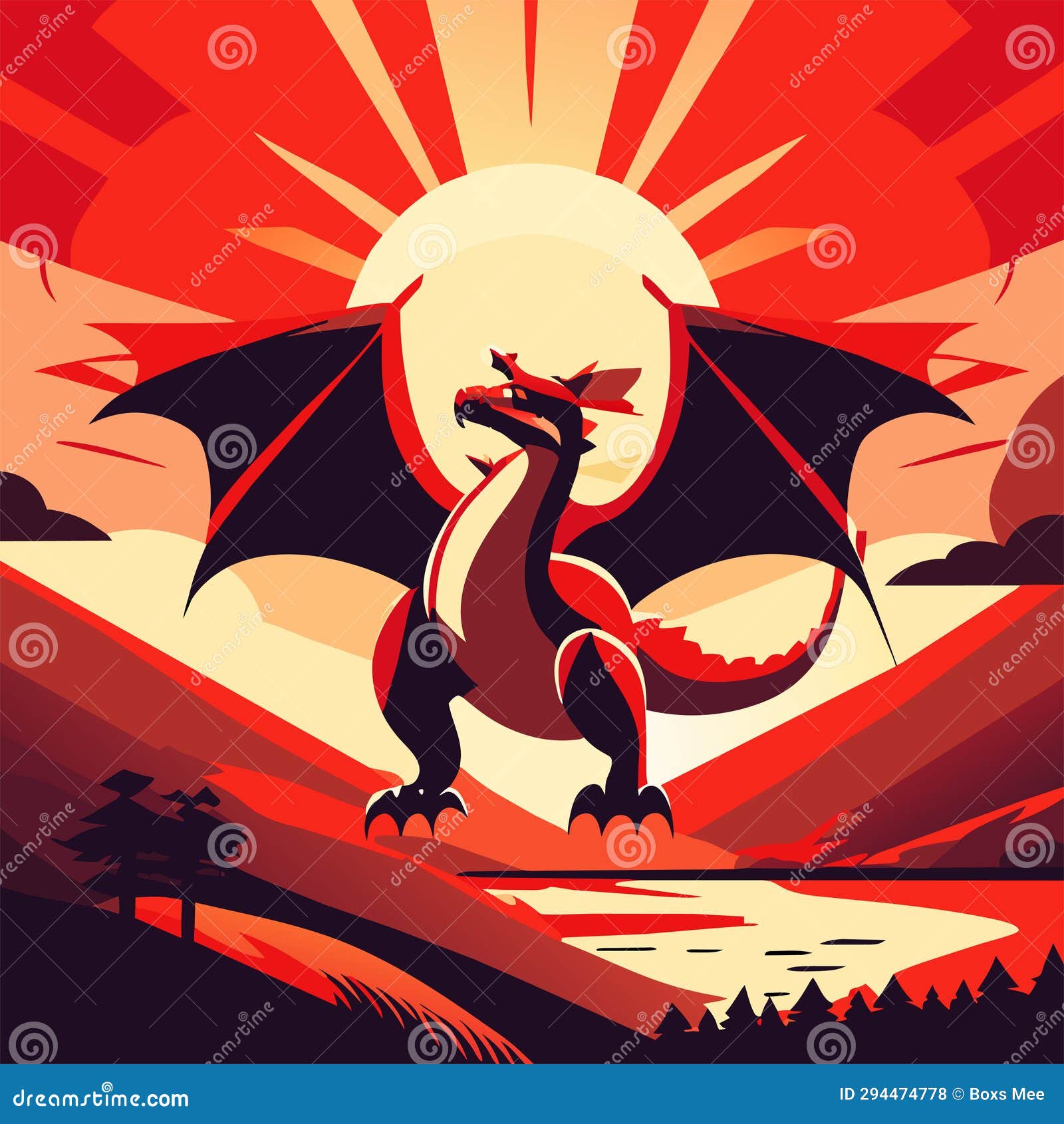 Dragon Flying in the Sunset. Vector Illustration in a Flat Style Stock ...