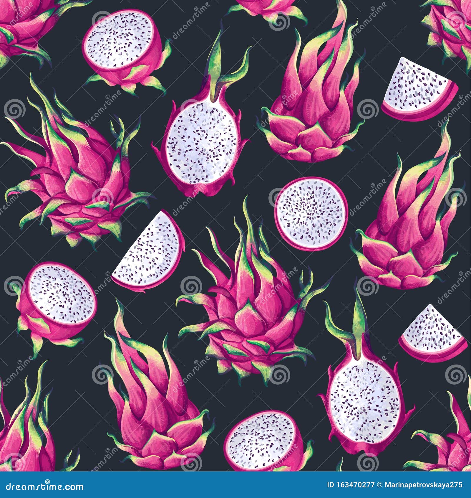 Seamless Pattern with Tropical Dragon Fruits Pitaya. Stock Vector ...