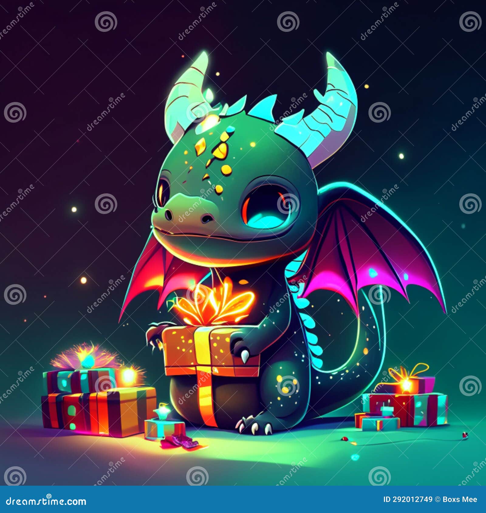 Dragon with Gift Box. Vector Illustration in Cartoon Style on Dark ...