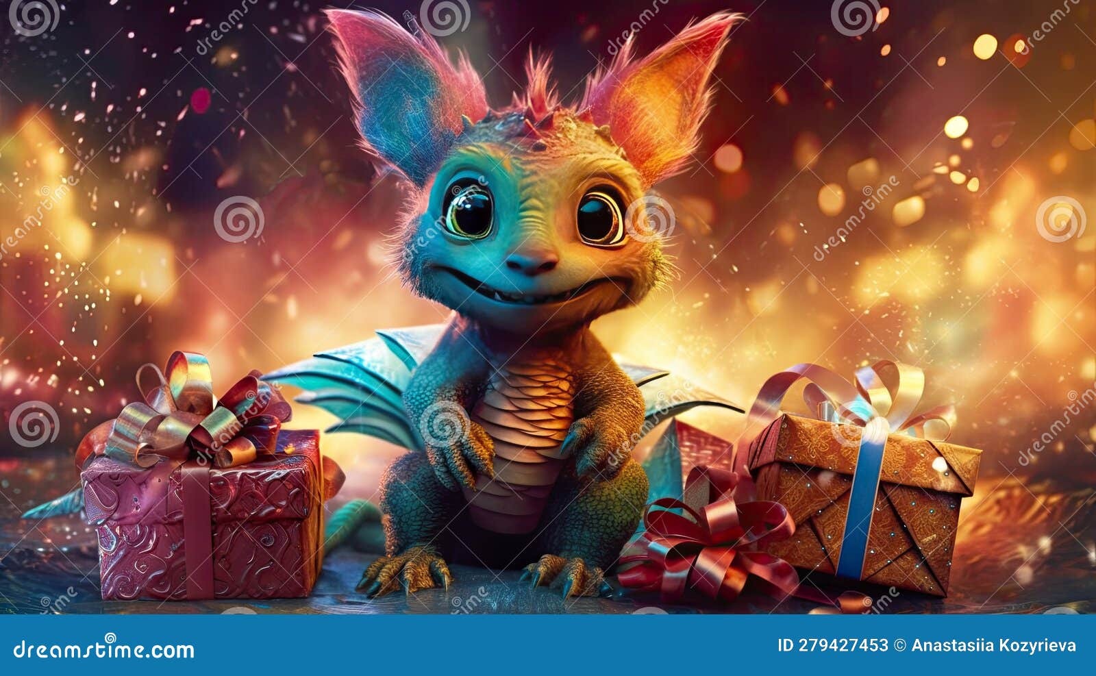 Dragon with Gift Boxes on the Background of Christmas Lights ...