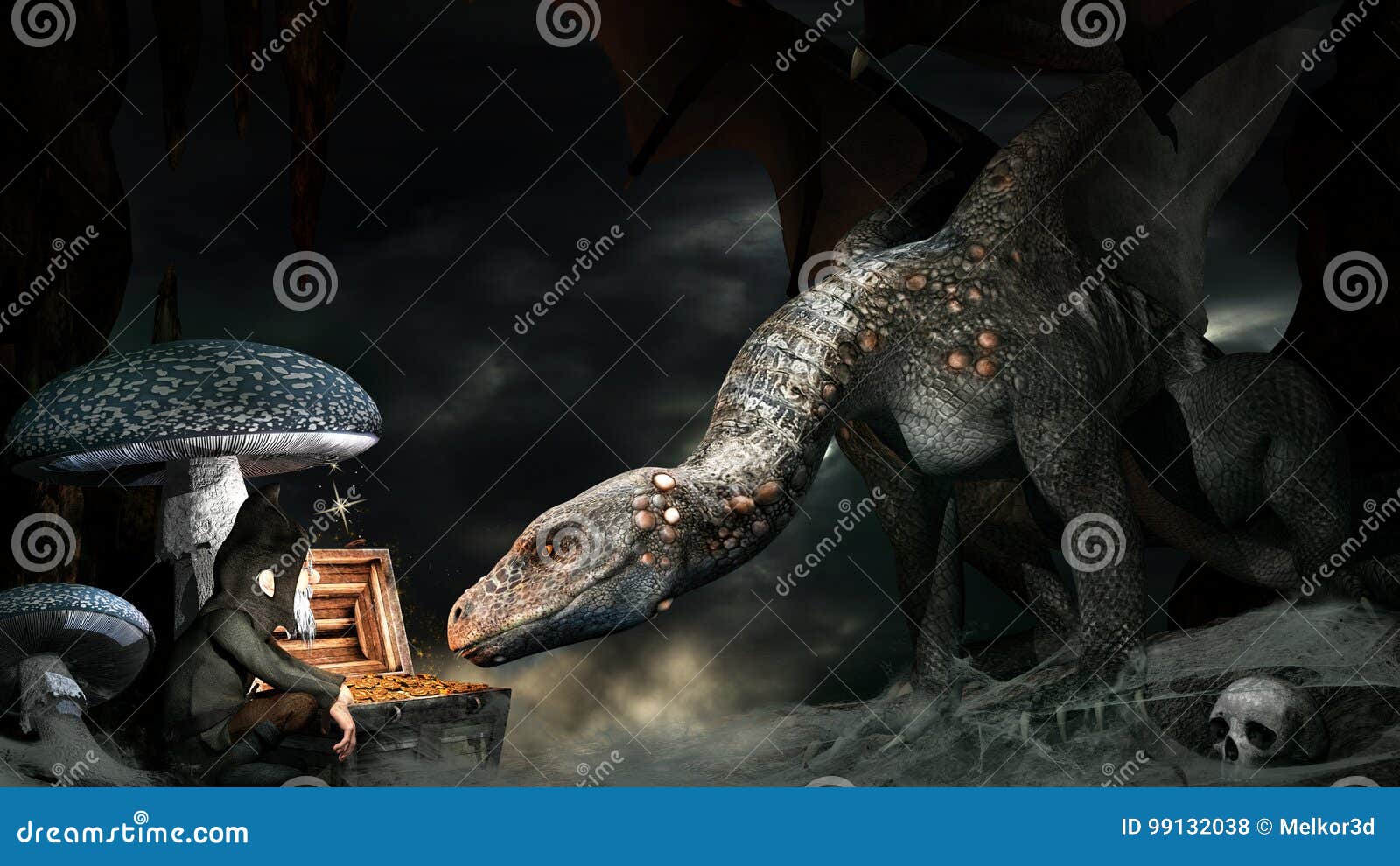 Dragon and gnome stock illustration. Illustration of treasure - 99132038