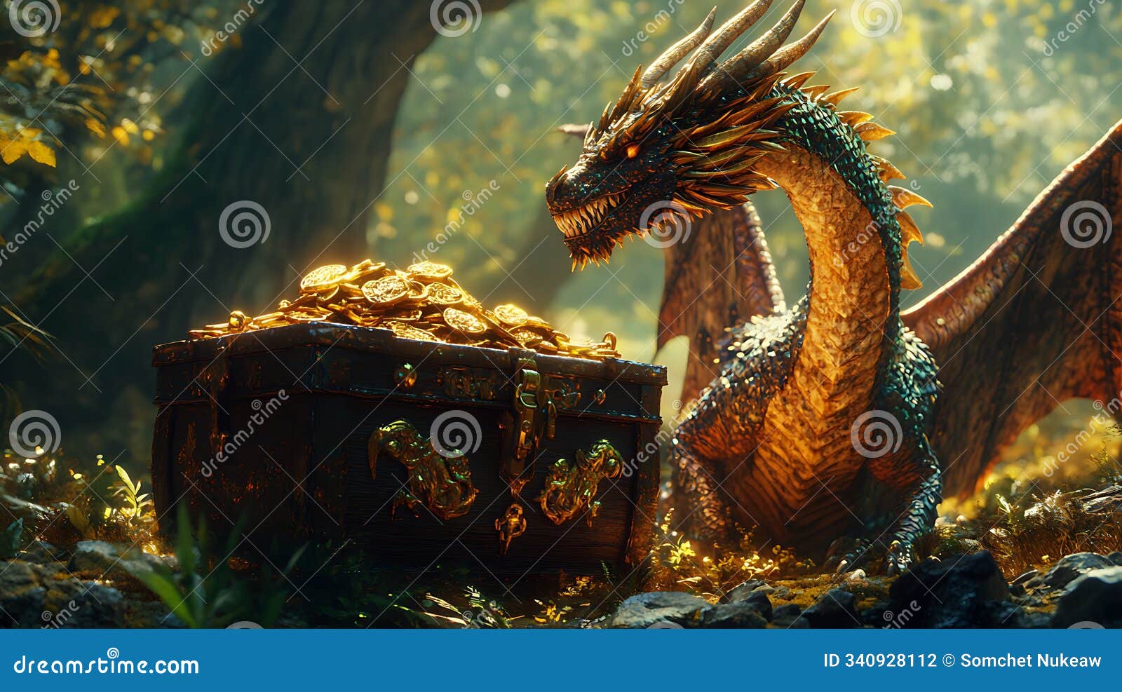 A Dragon Guarding A Treasure Hoard. Fantasy Concept , Illustration ...