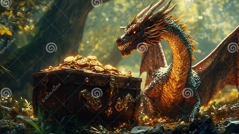 Dragon Guarding Treasure Chest in Enchanted Forest Setting Stock ...