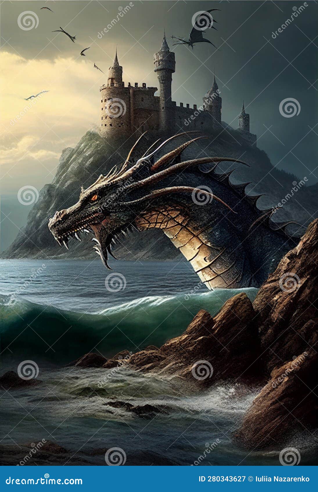 The Dragon Guards The Princess In The Tower. Watercolor Illustration ...