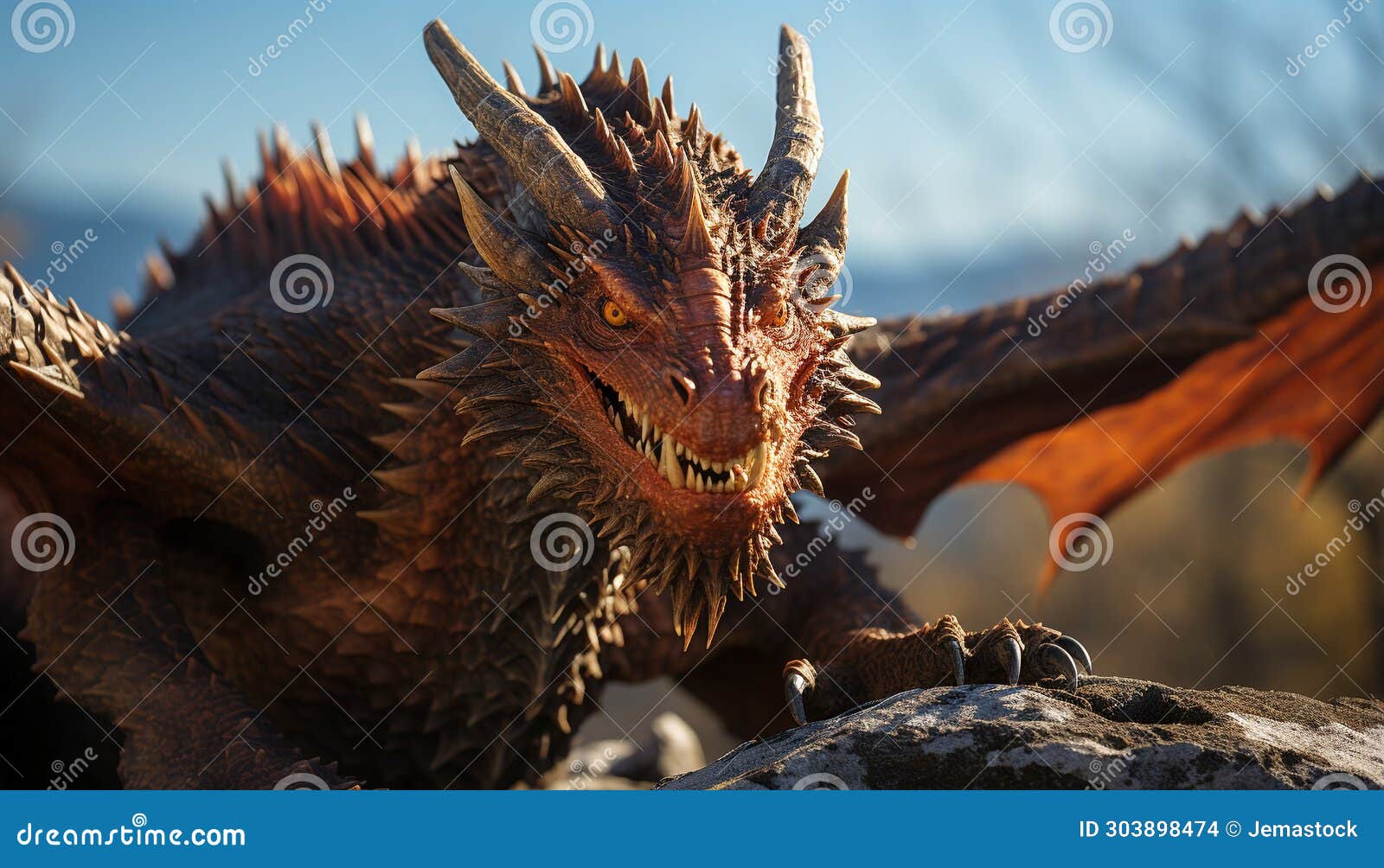 Dragon Like Lizard with Sharp Teeth and Spiked Blue Scales Generated by ...