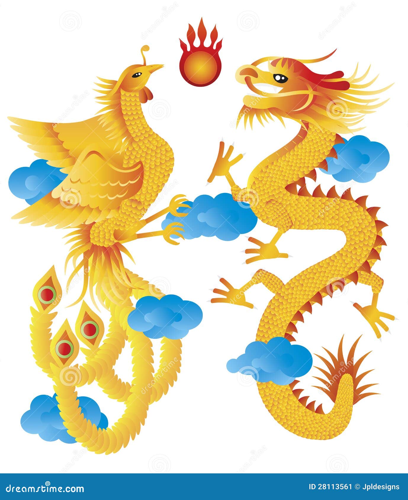 Dragon and Phoenix with Clouds Illustration Stock Vector - Illustration ...