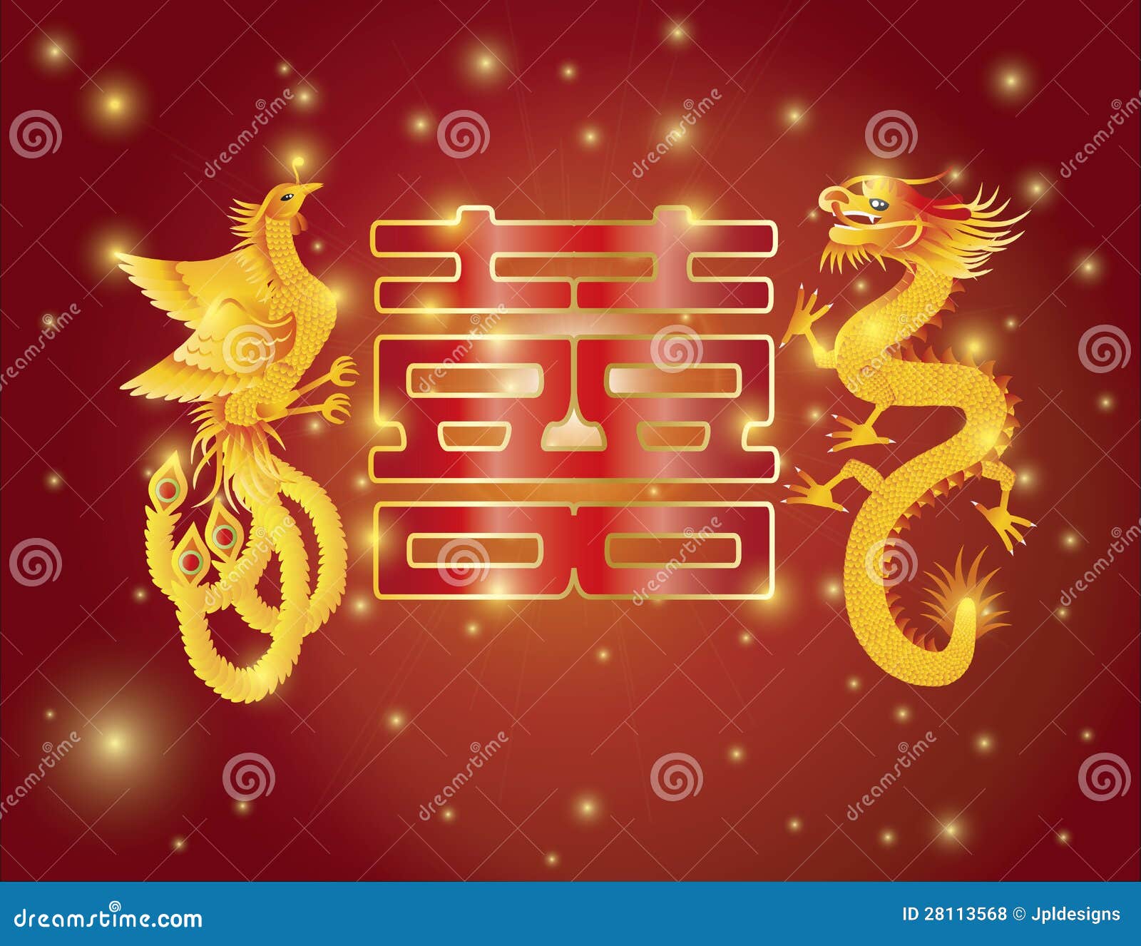 Dragon and Phoenix Double Happiness Red Background Stock Vector ...
